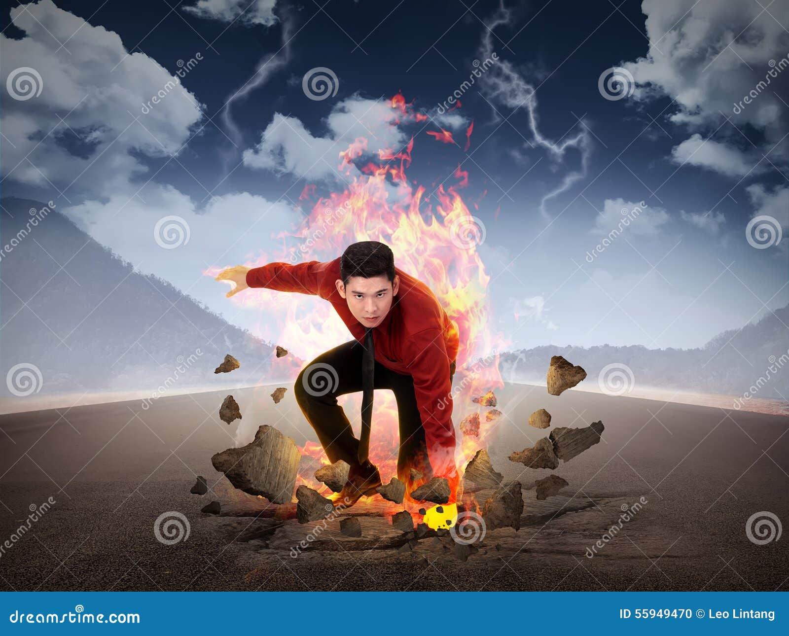 Business Man Punch the Road with Blue Fire Power Stock Illustration ...