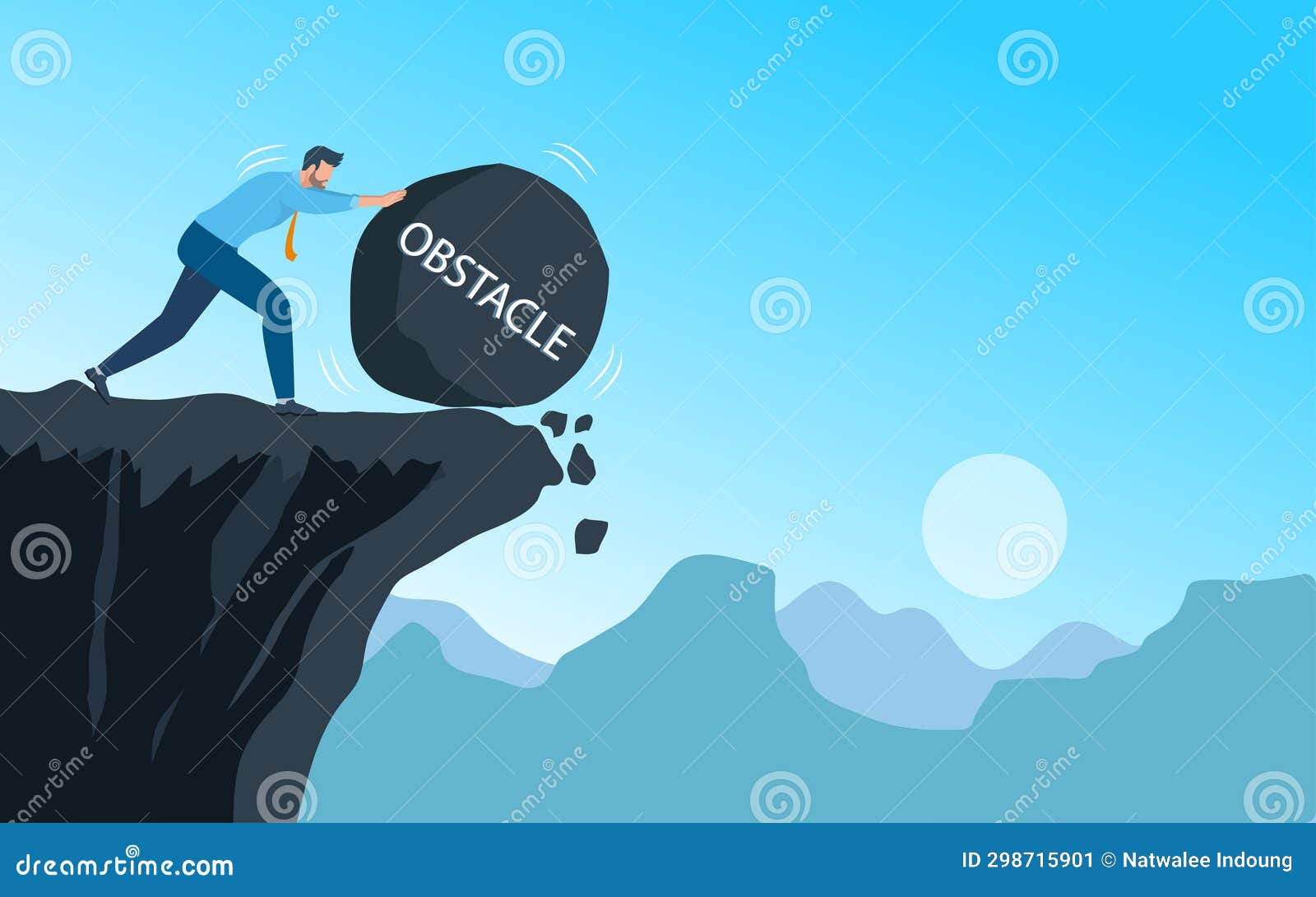 Business Man Pushing Big Stone Obstacle Down To Hill. Concept of Heavy ...