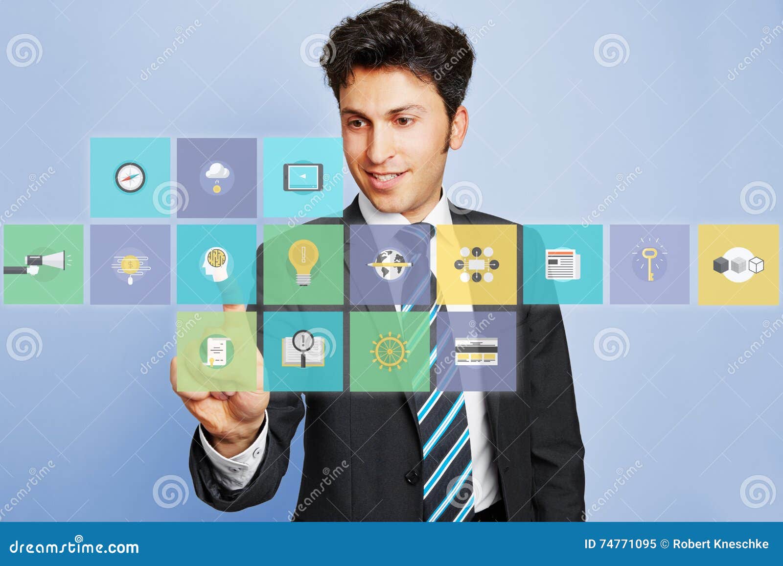 Business Man Pushing Virtual Brain Icon Stock Image - Image of index ...