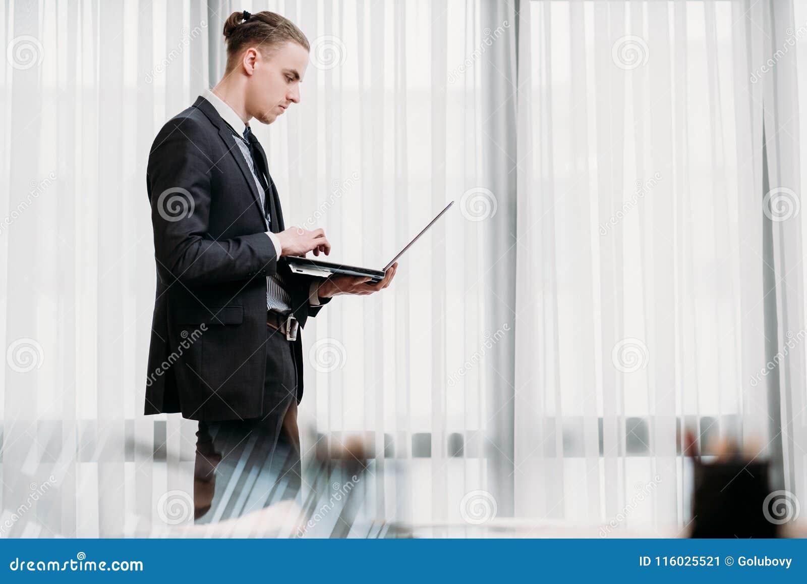 Business Man Read Document Laptop Office Work Stock Image - Image of ...