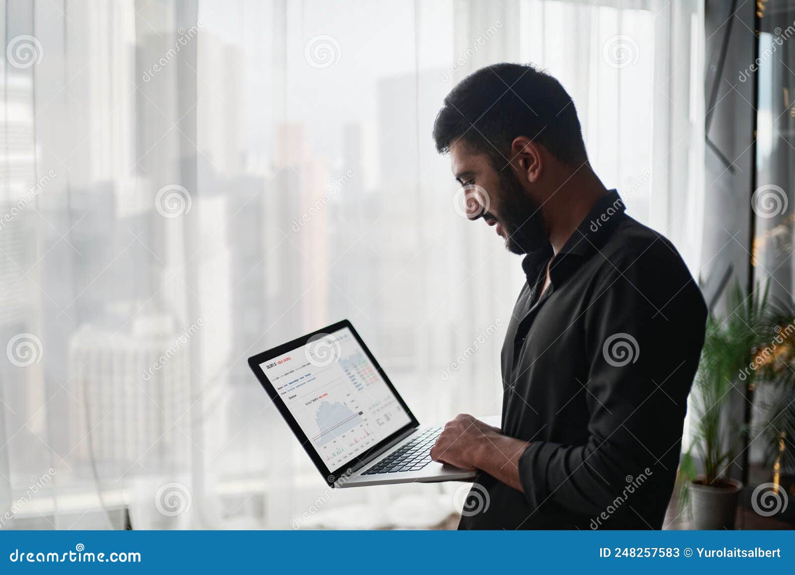 Business Man Reading an Email on His Laptop . Stock Image - Image of ...