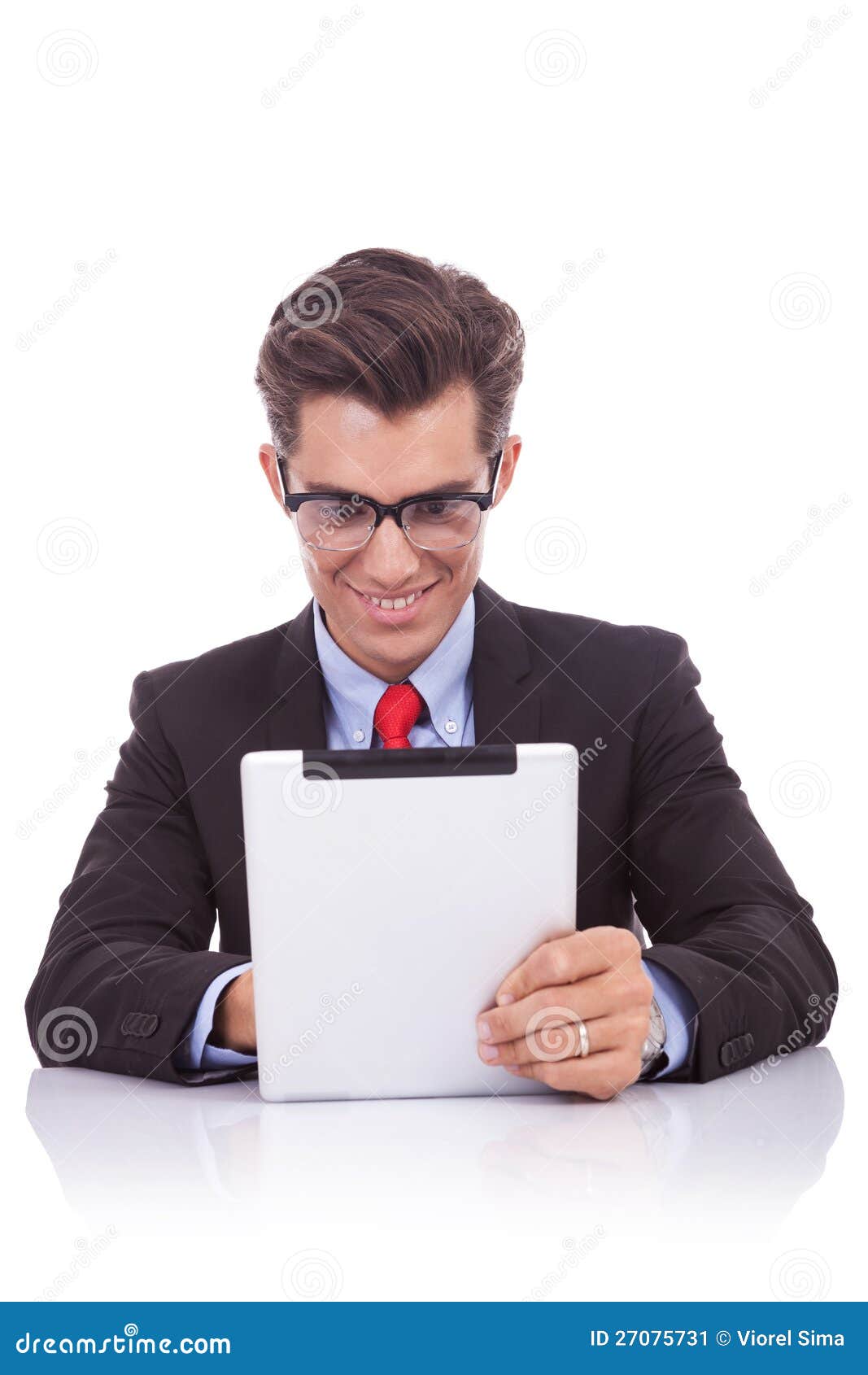Business Man Reading on His Tablet Stock Image - Image of mobile, male ...