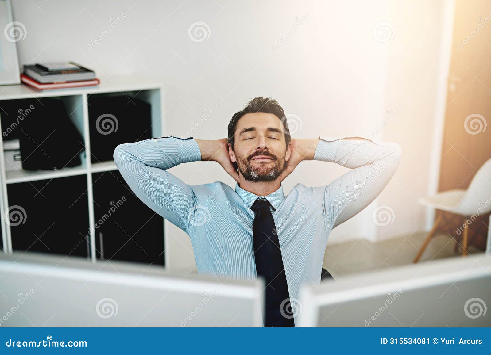 Business Man, Relax and Stretching at Office Desk for Information ...