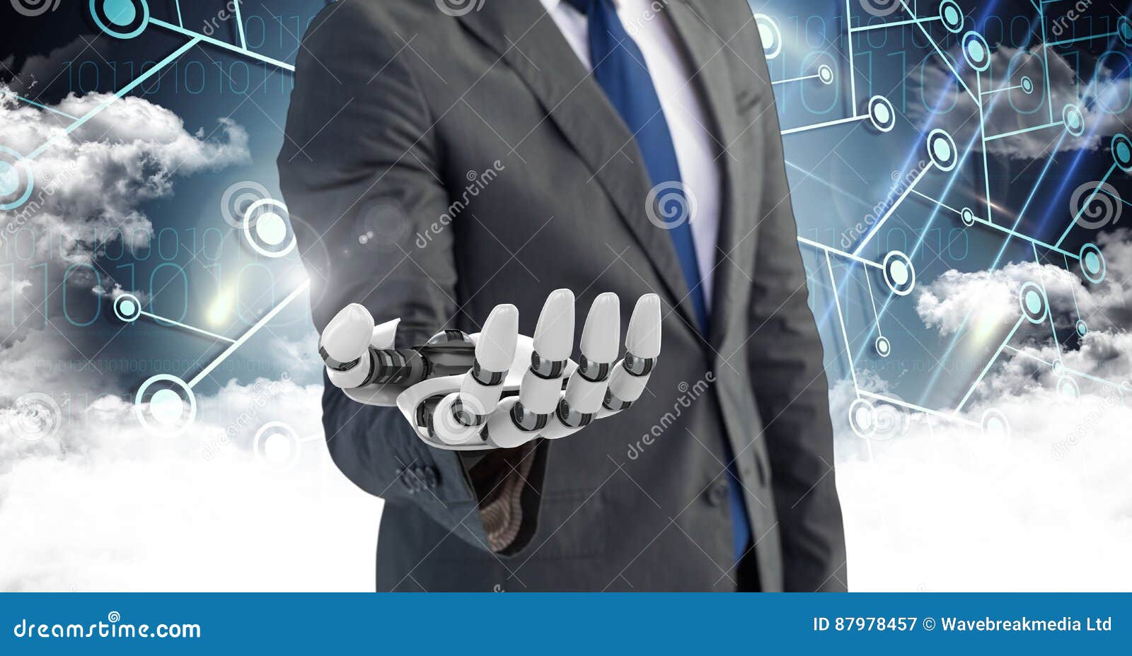 Business Man with Robot Hand with Clouds in Background Stock ...