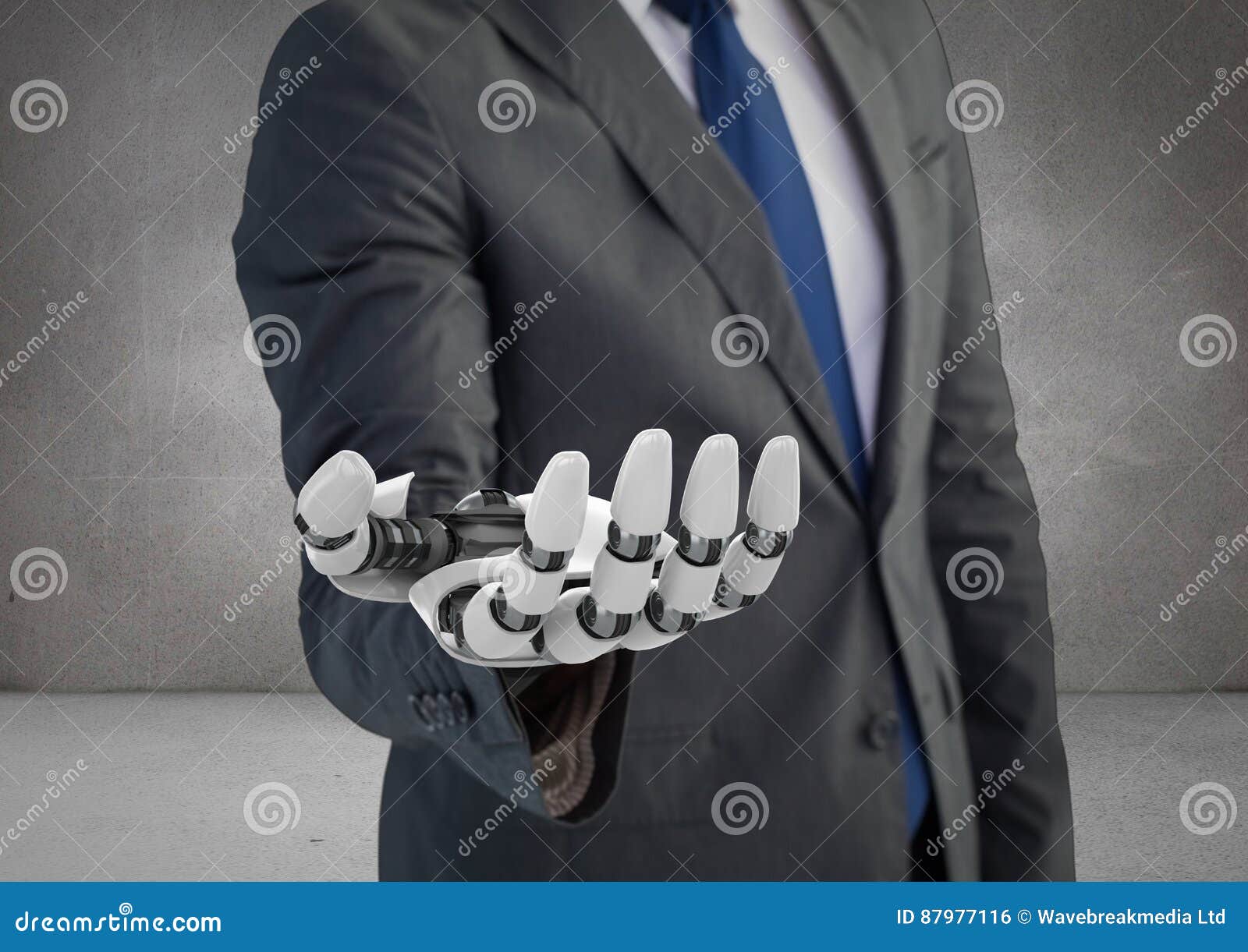 Business Man with Robot Hand in Grey Background Stock Photo - Image of ...