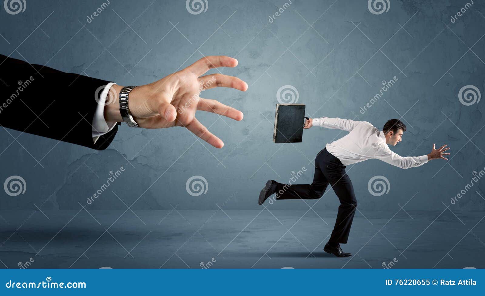 Business Man Running Away from a Huge Hand Concept Stock Image - Image ...