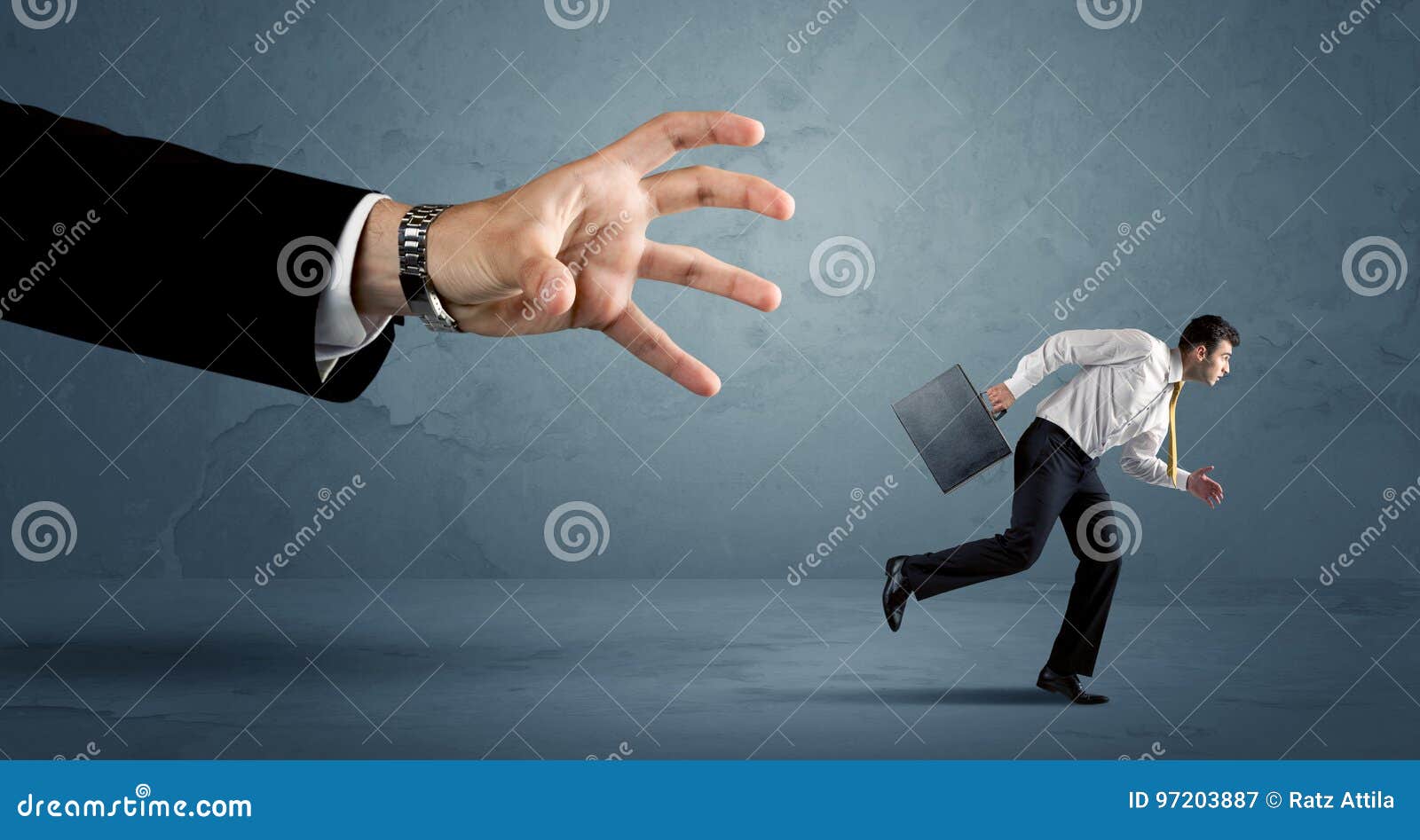 Business Man Running Away from a Huge Hand Concept Stock Image - Image ...