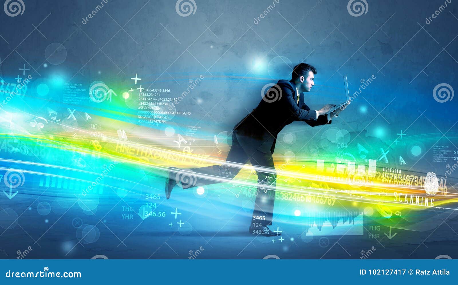 Business Man Running in High Tech Wave Concept Stock Image - Image of ...