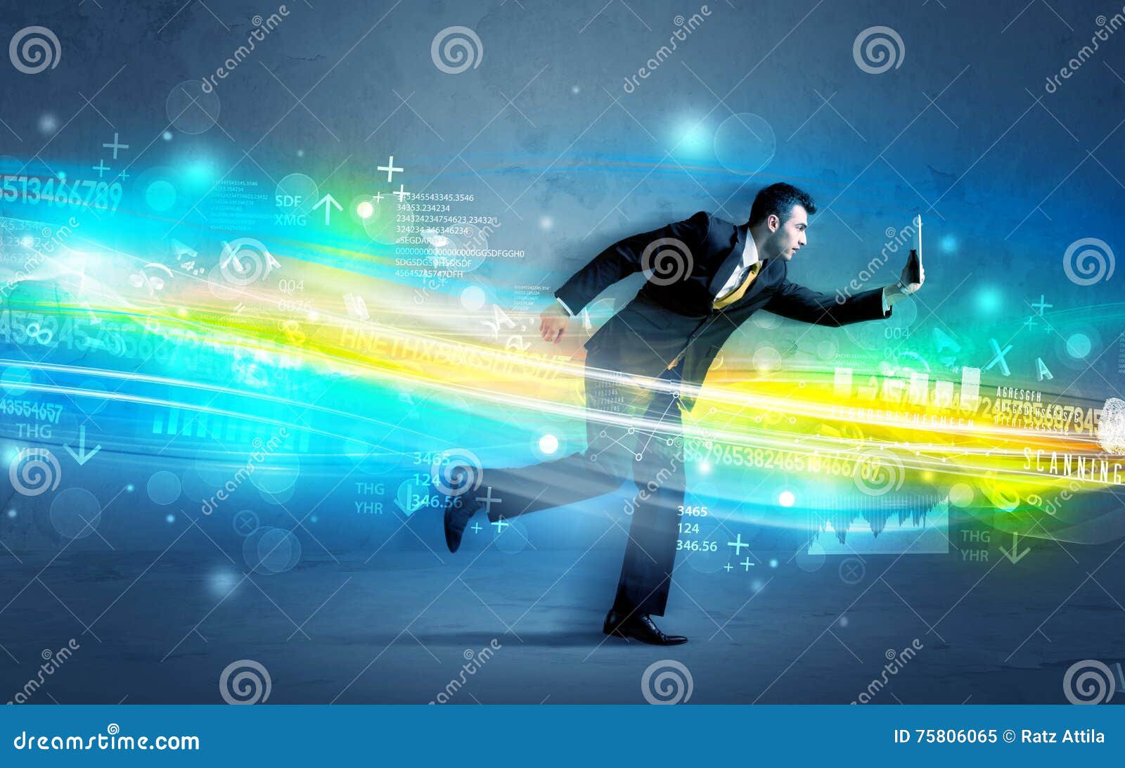 Business Man Running in High Tech Wave Concept Stock Image - Image of ...