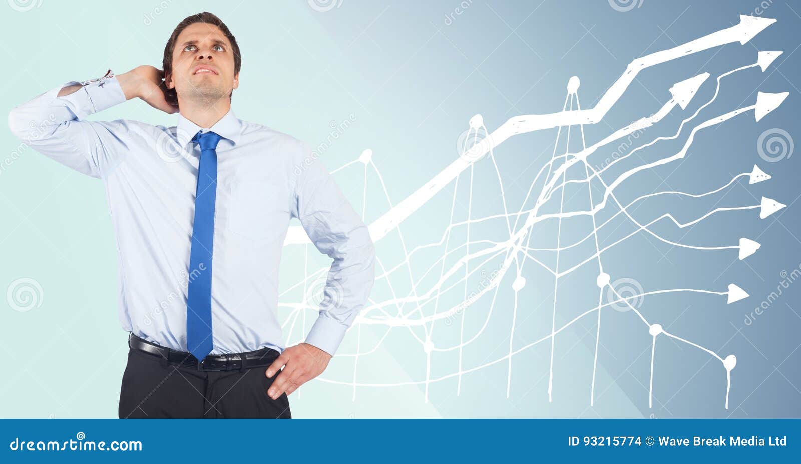 Business Man Scratching Head Against Blue Background with White Graph ...