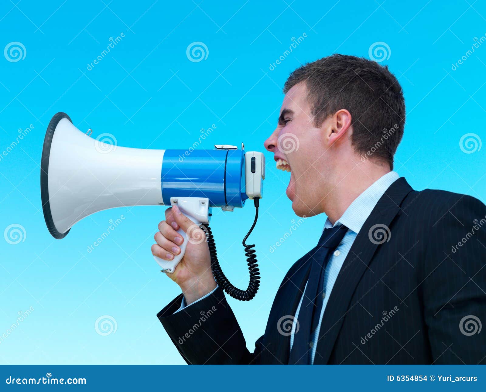 Stock Images: Business man shouting into megaphone with bluesky. Image ...