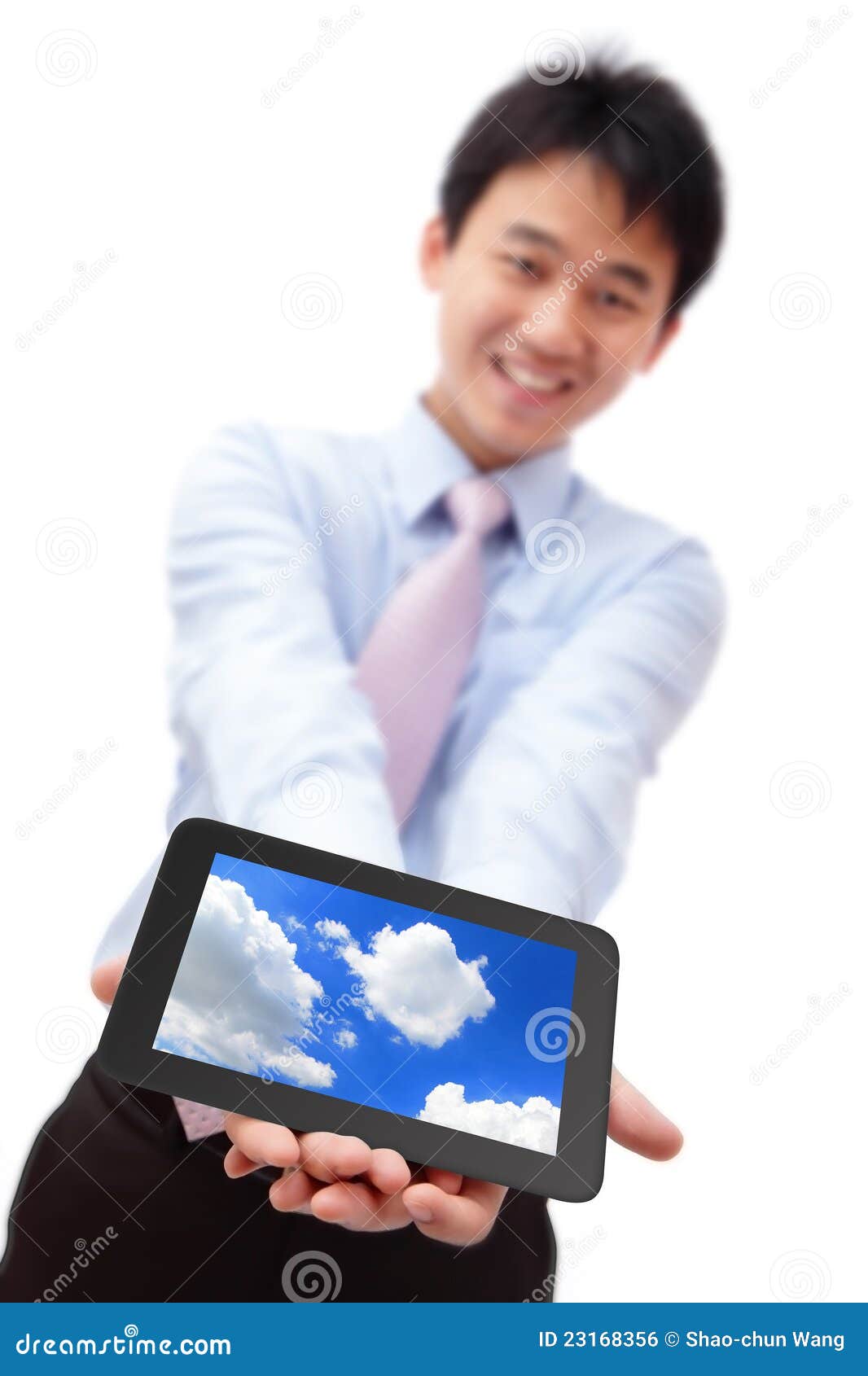 Business Man Show Tablet Pc with Smile Stock Photo - Image of cloud ...