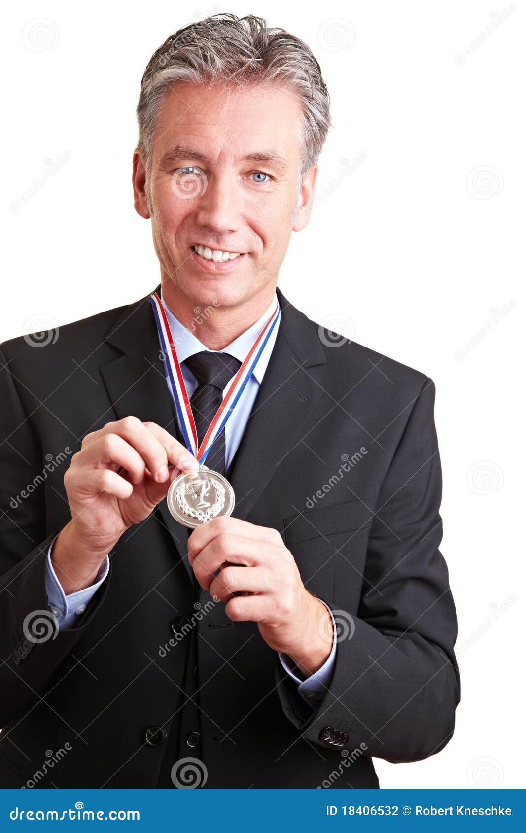Business Man Showing Silver Medal Stock Photo - Image of head ...