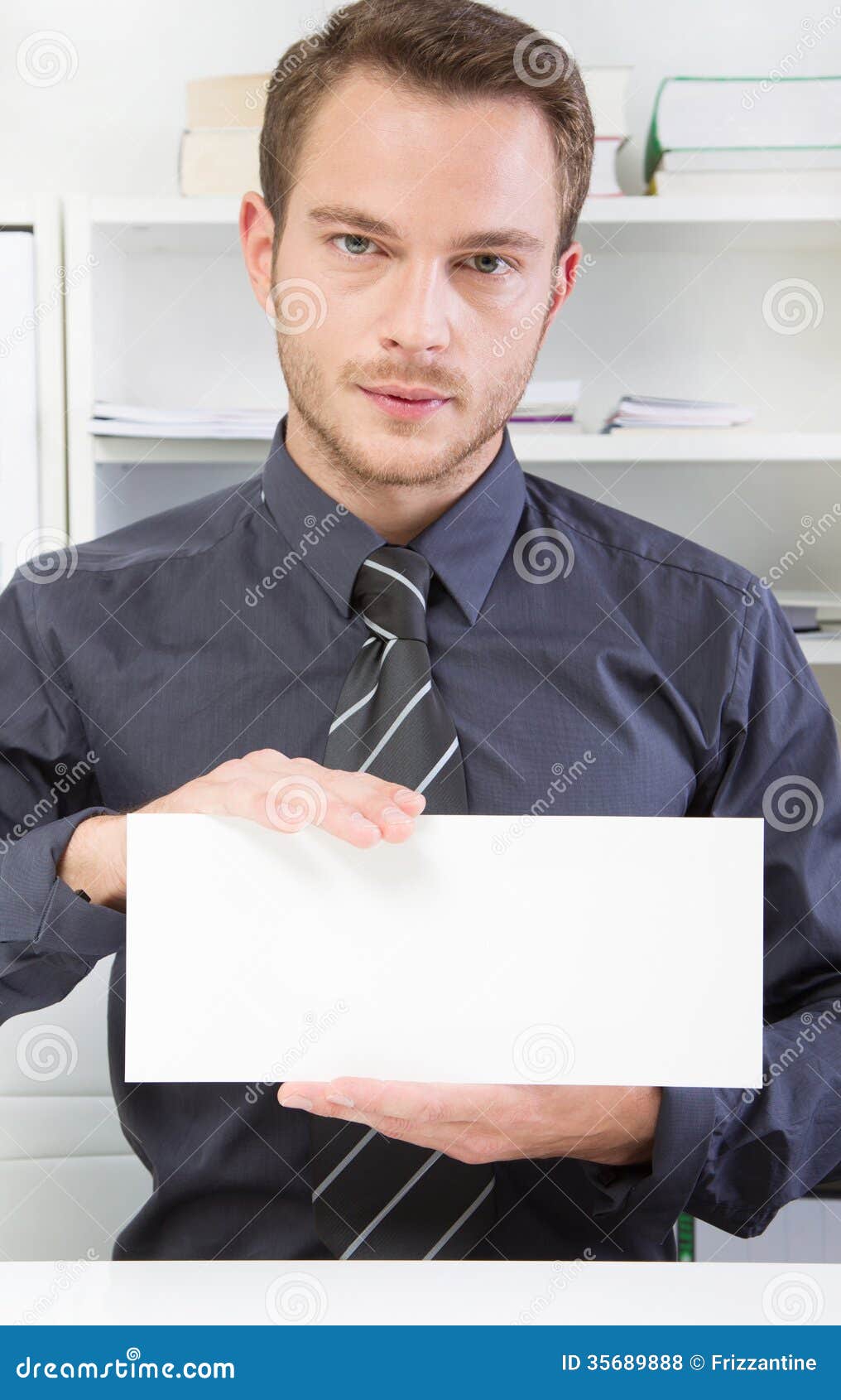 Business Man with Sign in Hand Stock Photo - Image of blue, portrait ...