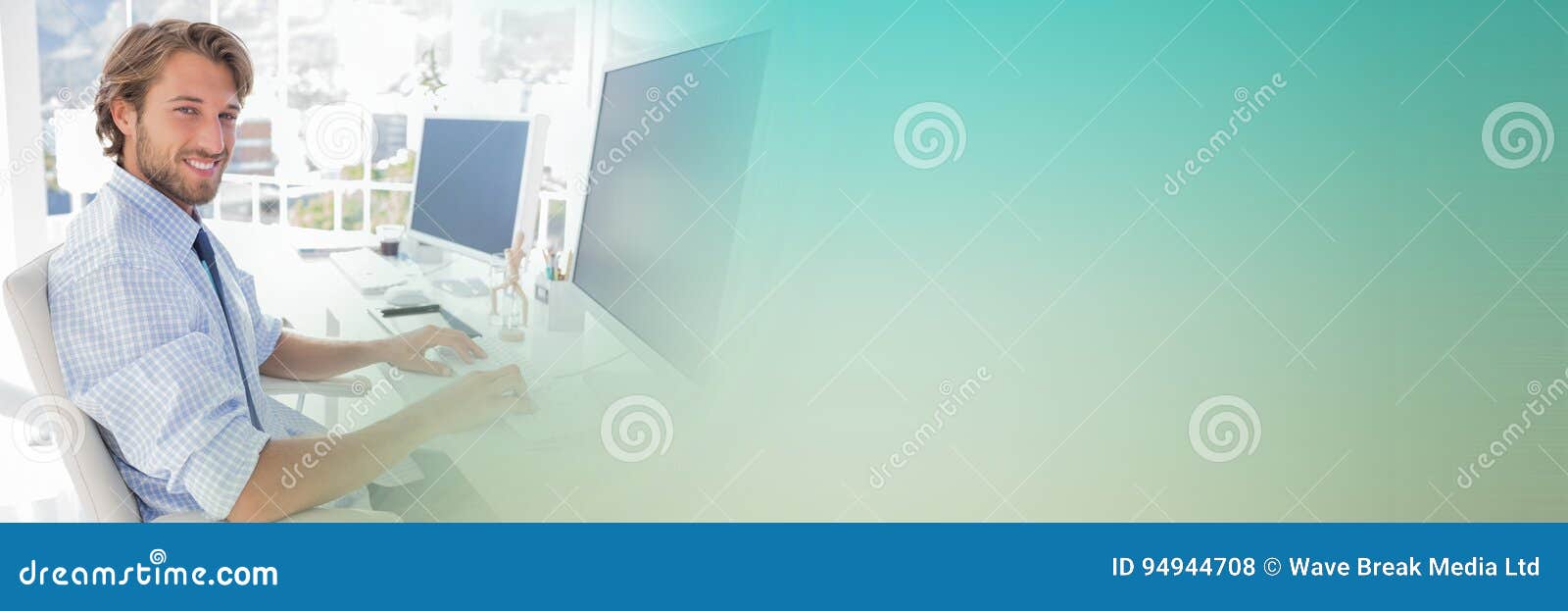 Business Man Smiling at Computer with Green Transition Stock Photo ...