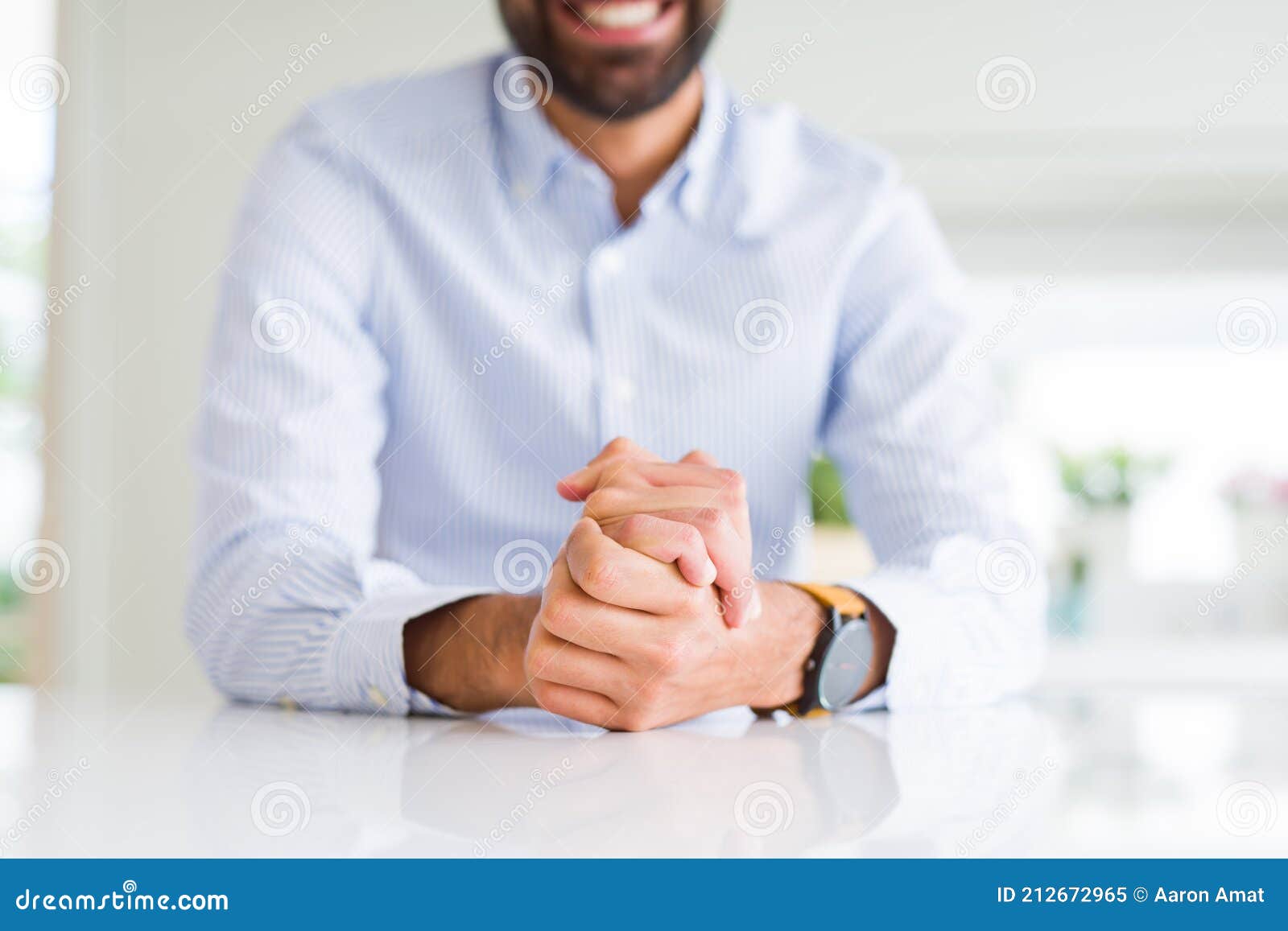 Business Man Smiling with Hands Over White Table Stock Image - Image of ...