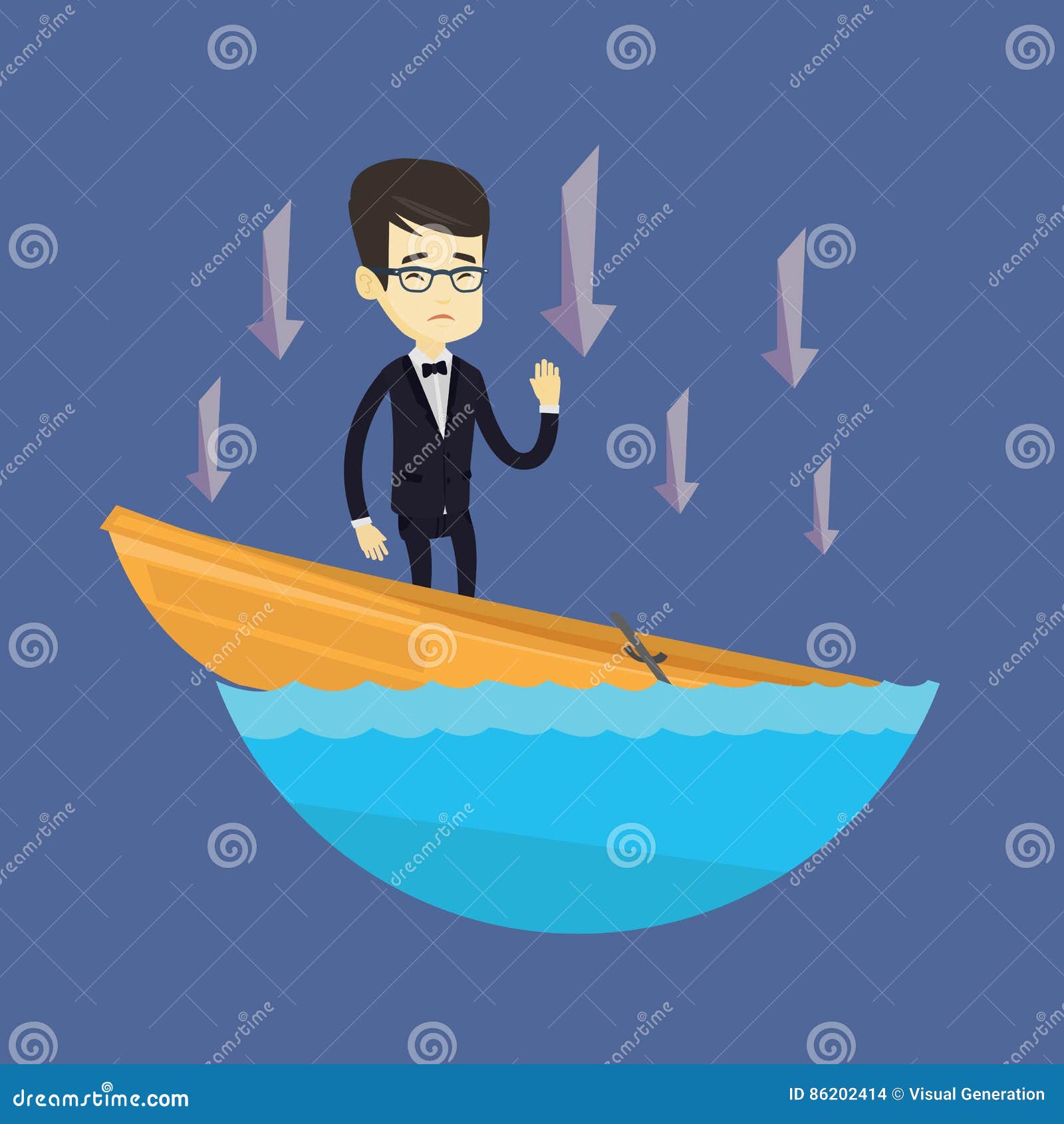 Business Man Standing In Sinking Boat. Vector Illustration ...