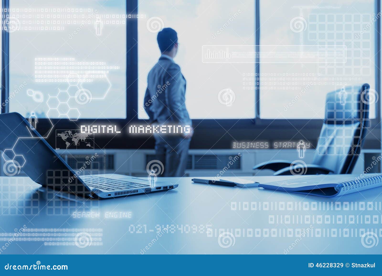 Business Man Standing at Window in Office with Technology Layer Effect ...