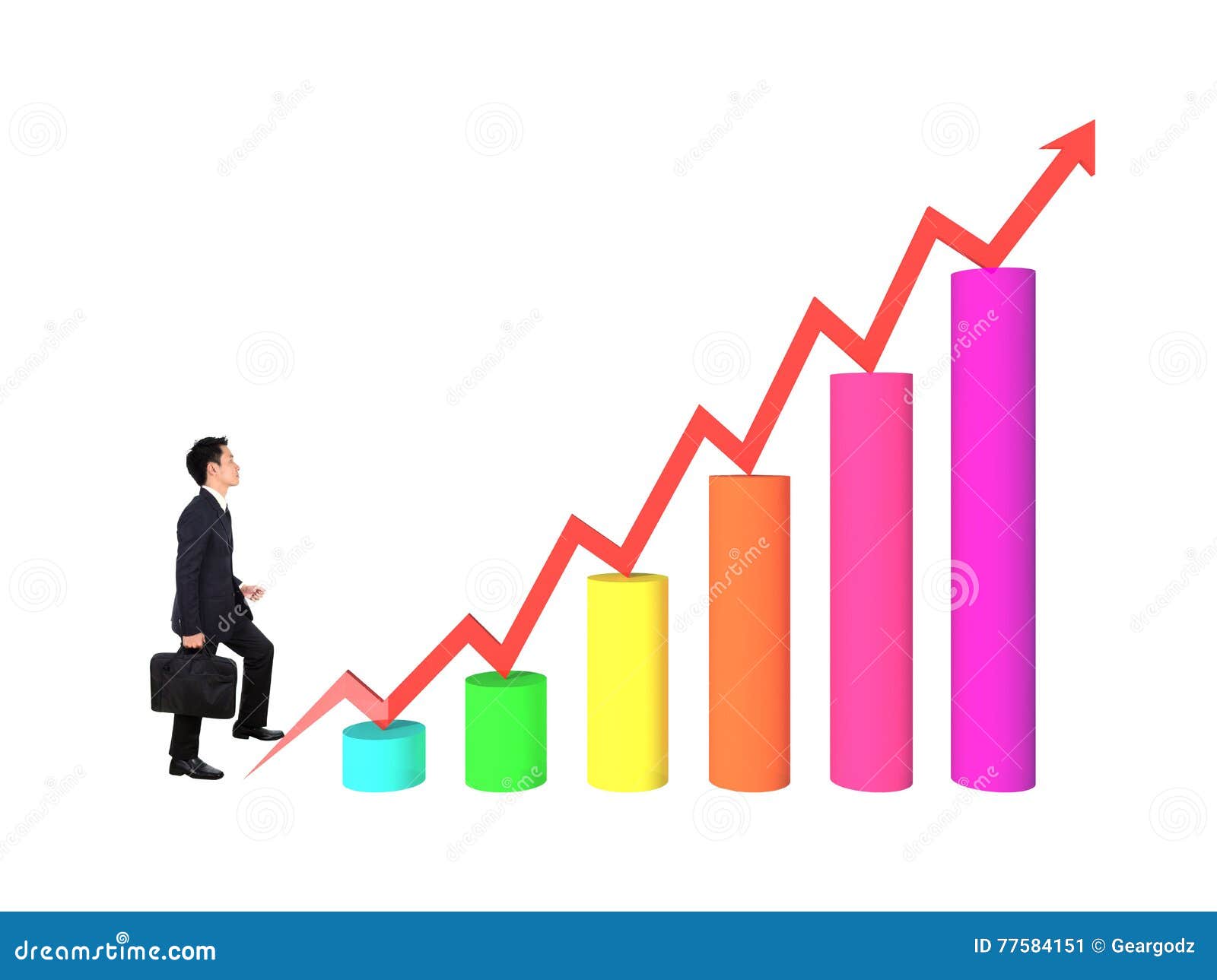 Business Man Stepping Forward on Growing 3d Bar Graph with Arrow Stock ...