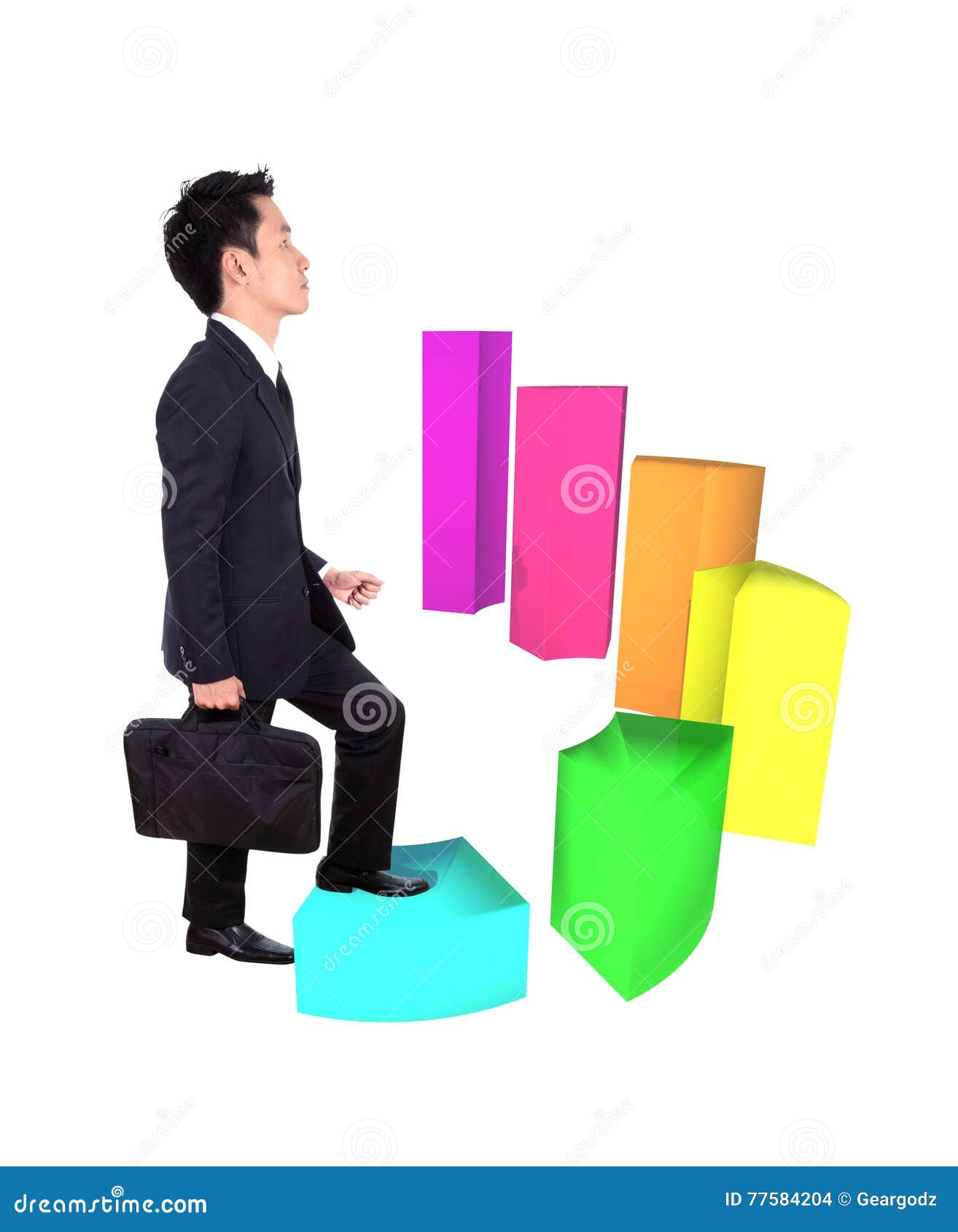 Business Man Stepping Forward On Growing 3d Circular Bar Graph Royalty ...