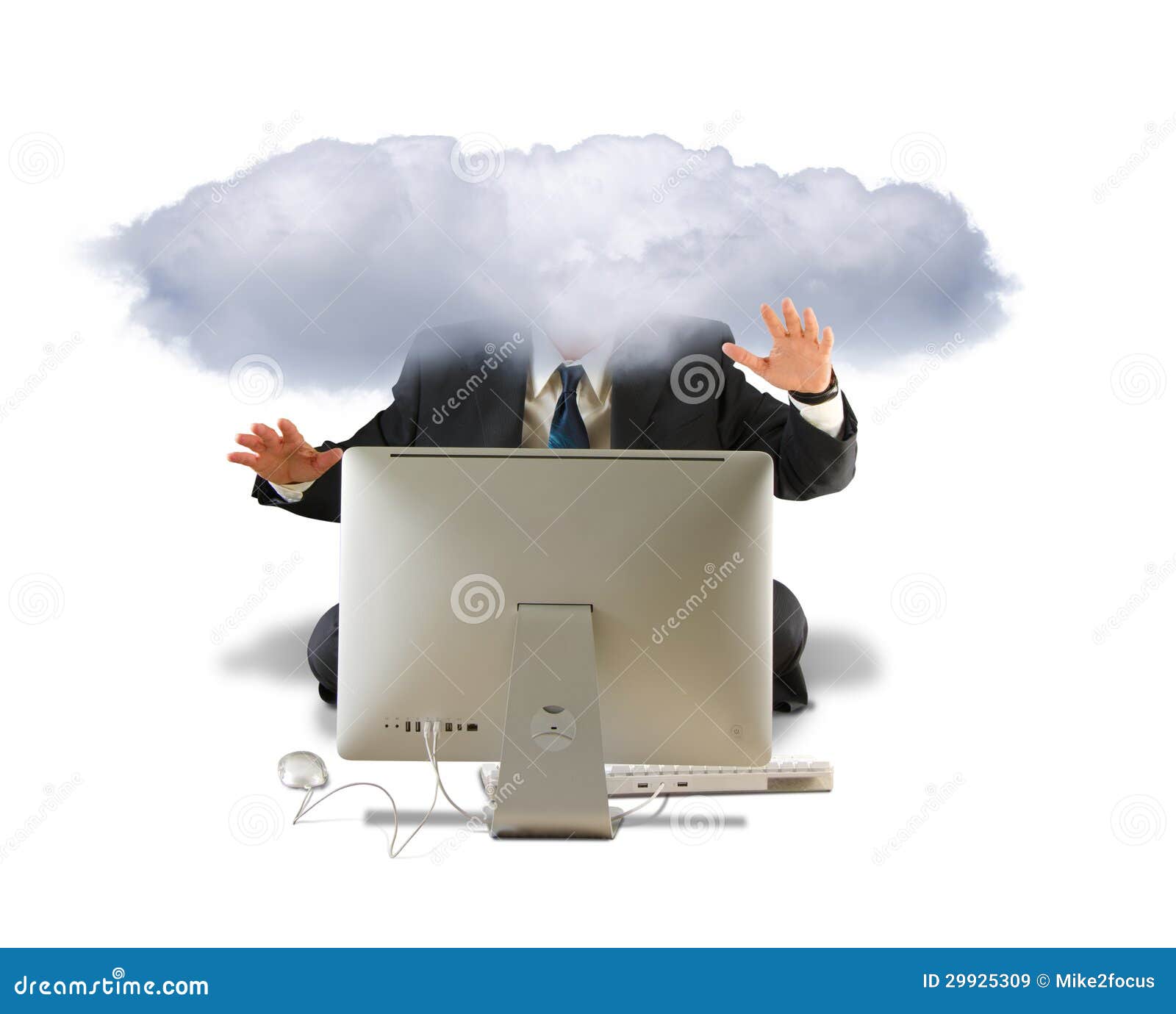 Man Using Computer with His Head in the Clouds Stock Image - Image of ...