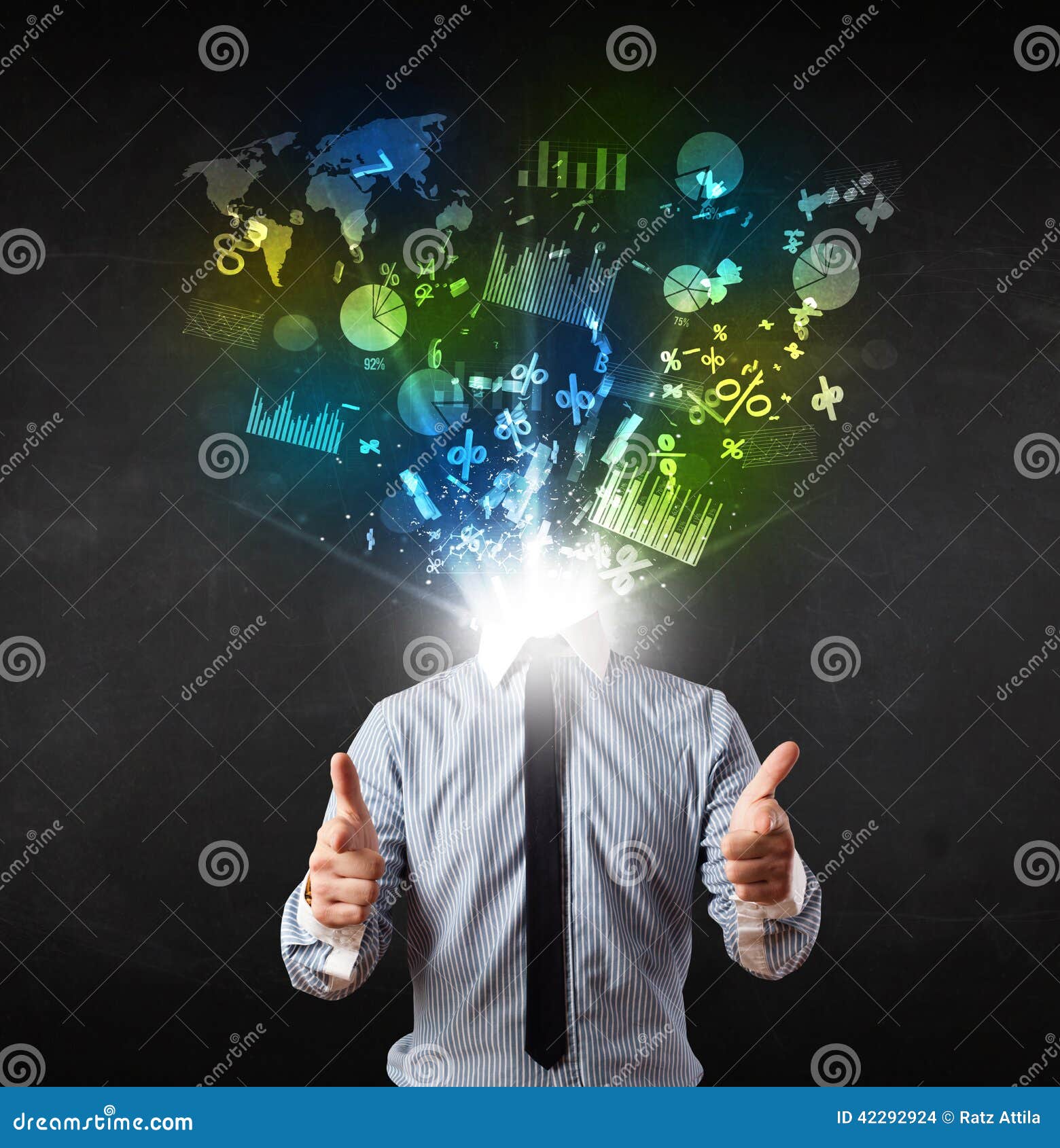 Business Man in Suit with Graph and Charts Exploding from His Bo Stock ...