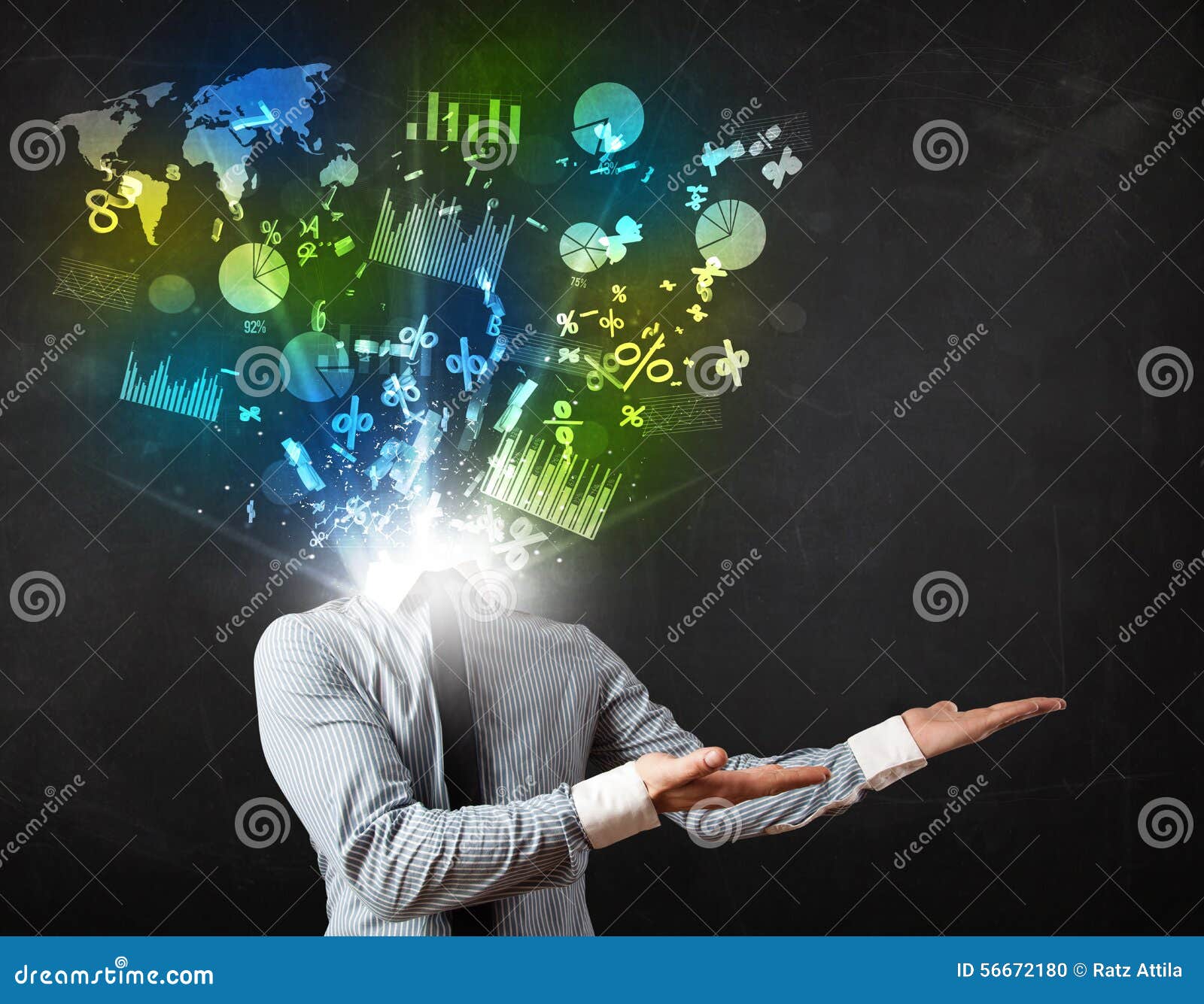 Business Man in Suit with Graph and Charts Exploding from His Bo Stock ...