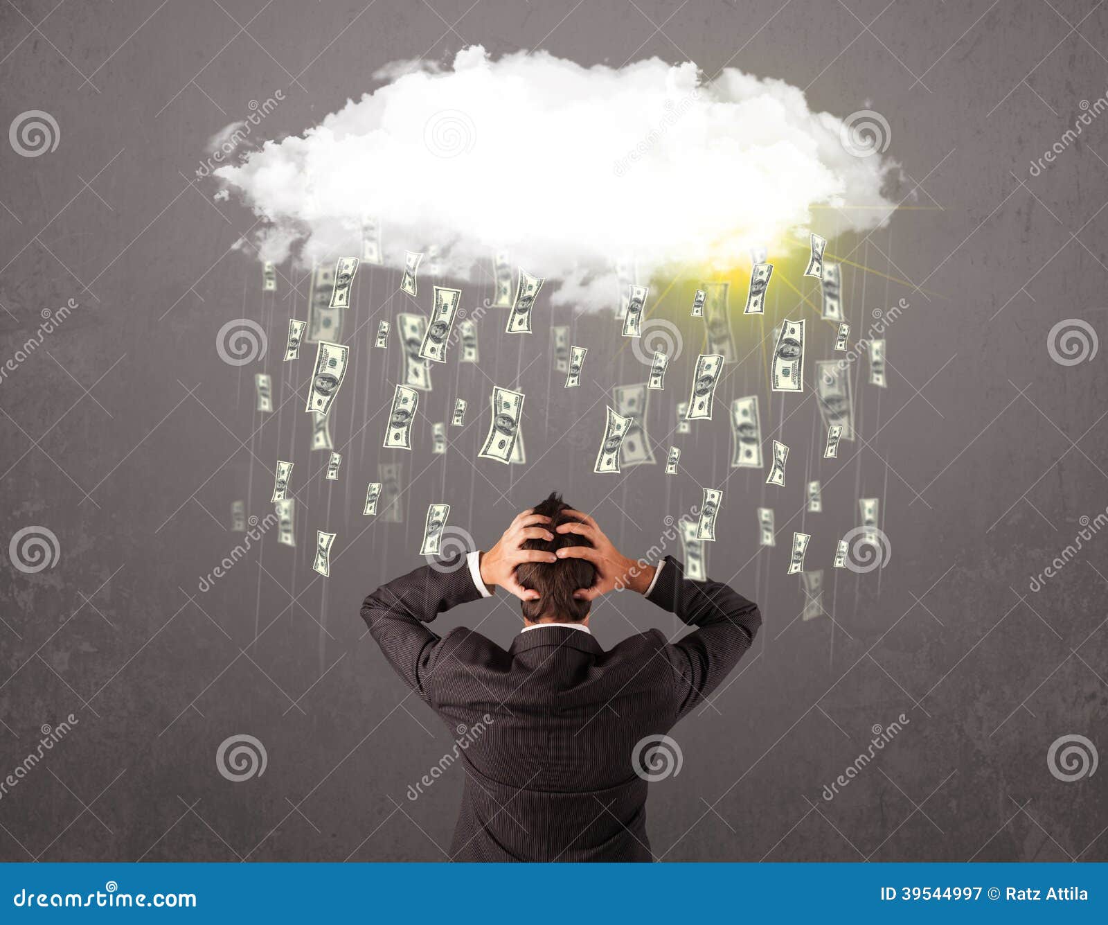 Business Man in Suit Looking at Cloud with Falling Money Stock Image ...