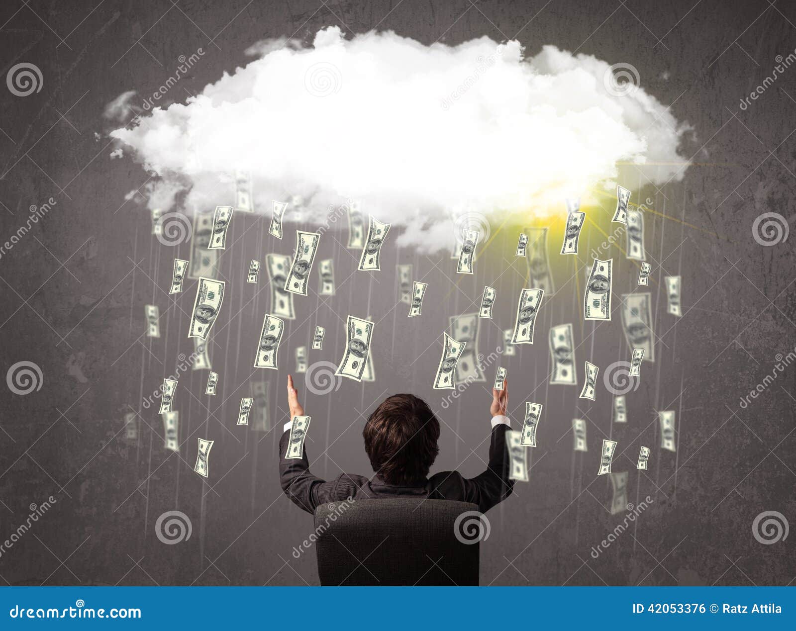 Business Man in Suit Looking at Cloud with Falling Money Stock Photo ...