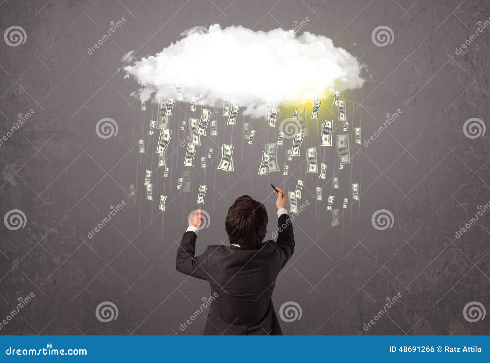 Business Man in Suit Looking at Cloud with Falling Money Stock Photo ...