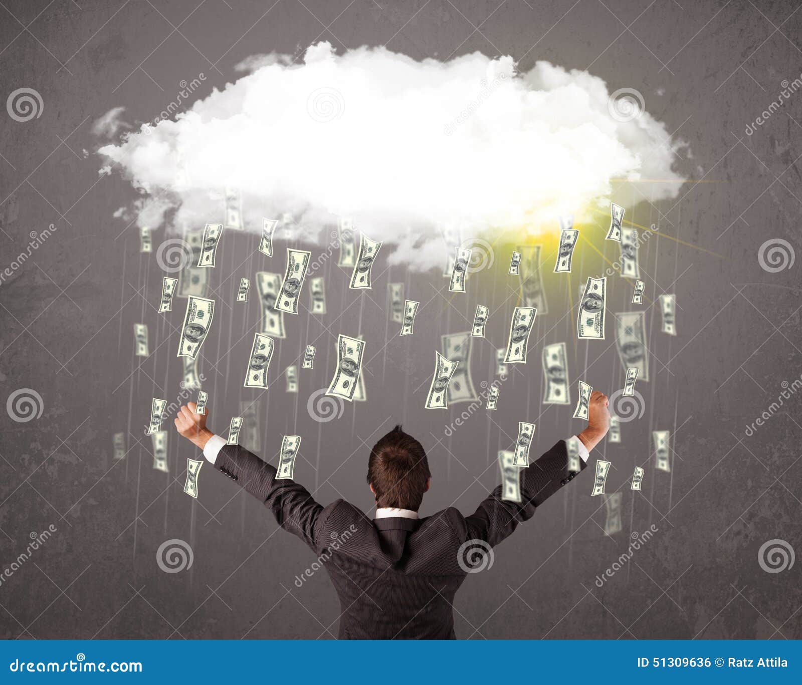 Business Man in Suit Looking at Cloud with Falling Money Stock Photo ...