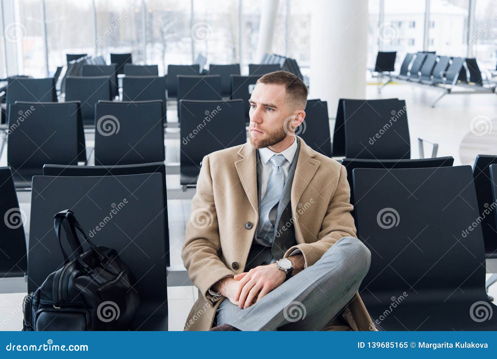 Business Man with Suitcase in Hall of Airport Stock Image - Image of ...