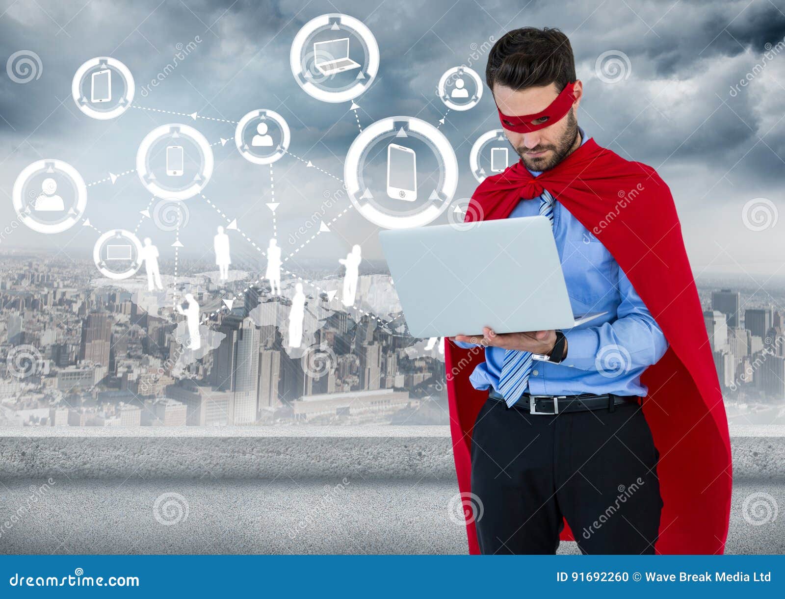 Business Man Superhero with Laptop Against Skyline with White Interface ...
