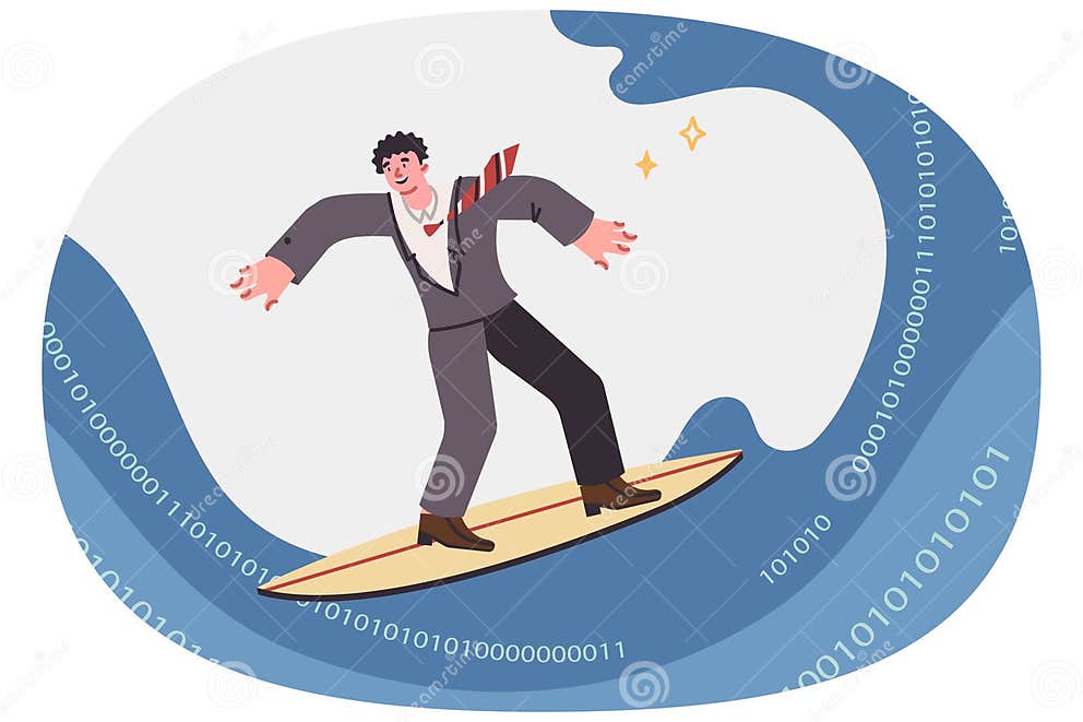 Business Man is Surfing Internet, Standing on Surfboard Gliding Along ...