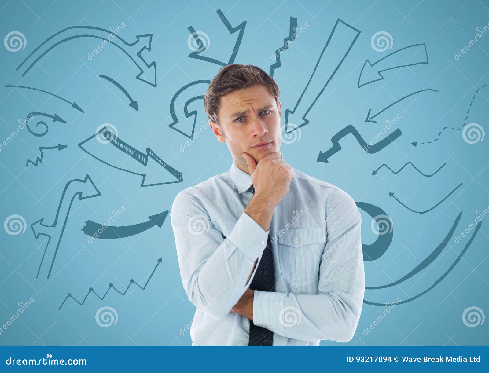 Business Man Thinking Against Arrow Graphics and Blue Background Stock ...