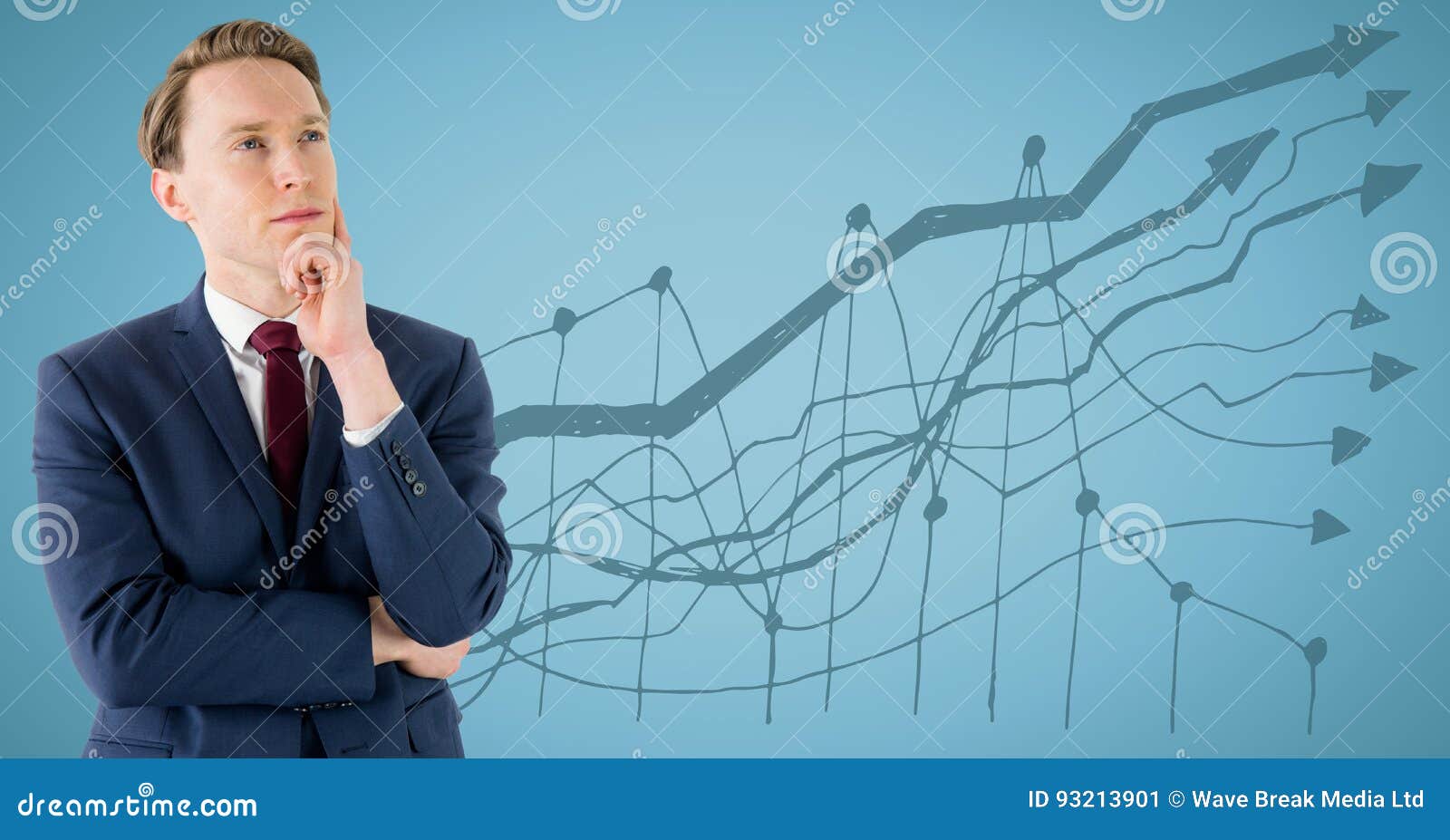 Business Man Thinking Against Blue Background and Blue Graph Stock ...