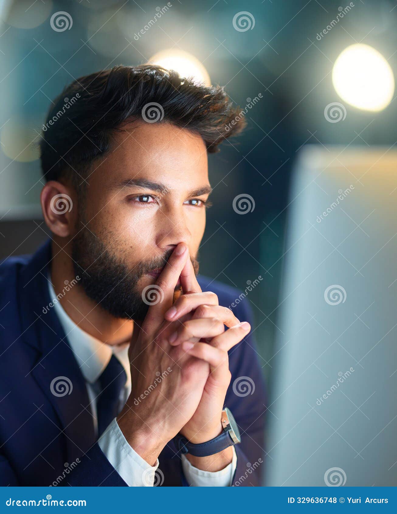 Business, Man and Thinking with Computer at Desk for Problem Solving ...