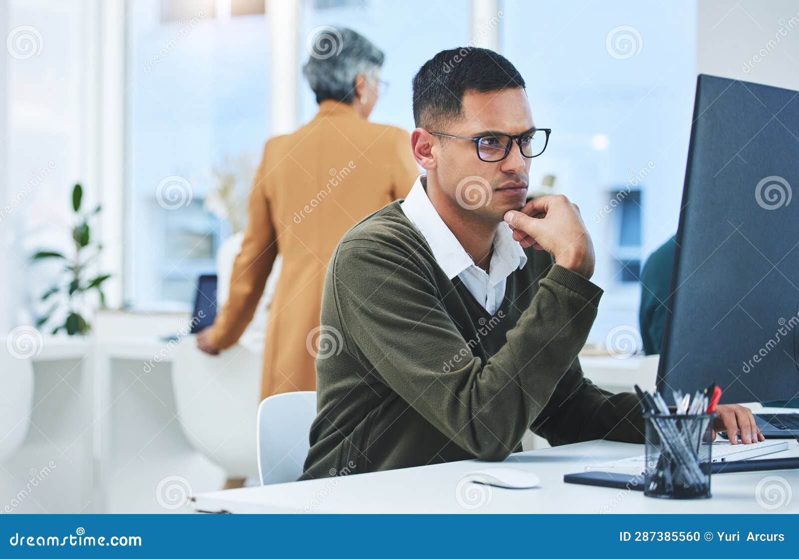 Business Man, Thinking and Focus on Computer for Information Technology ...