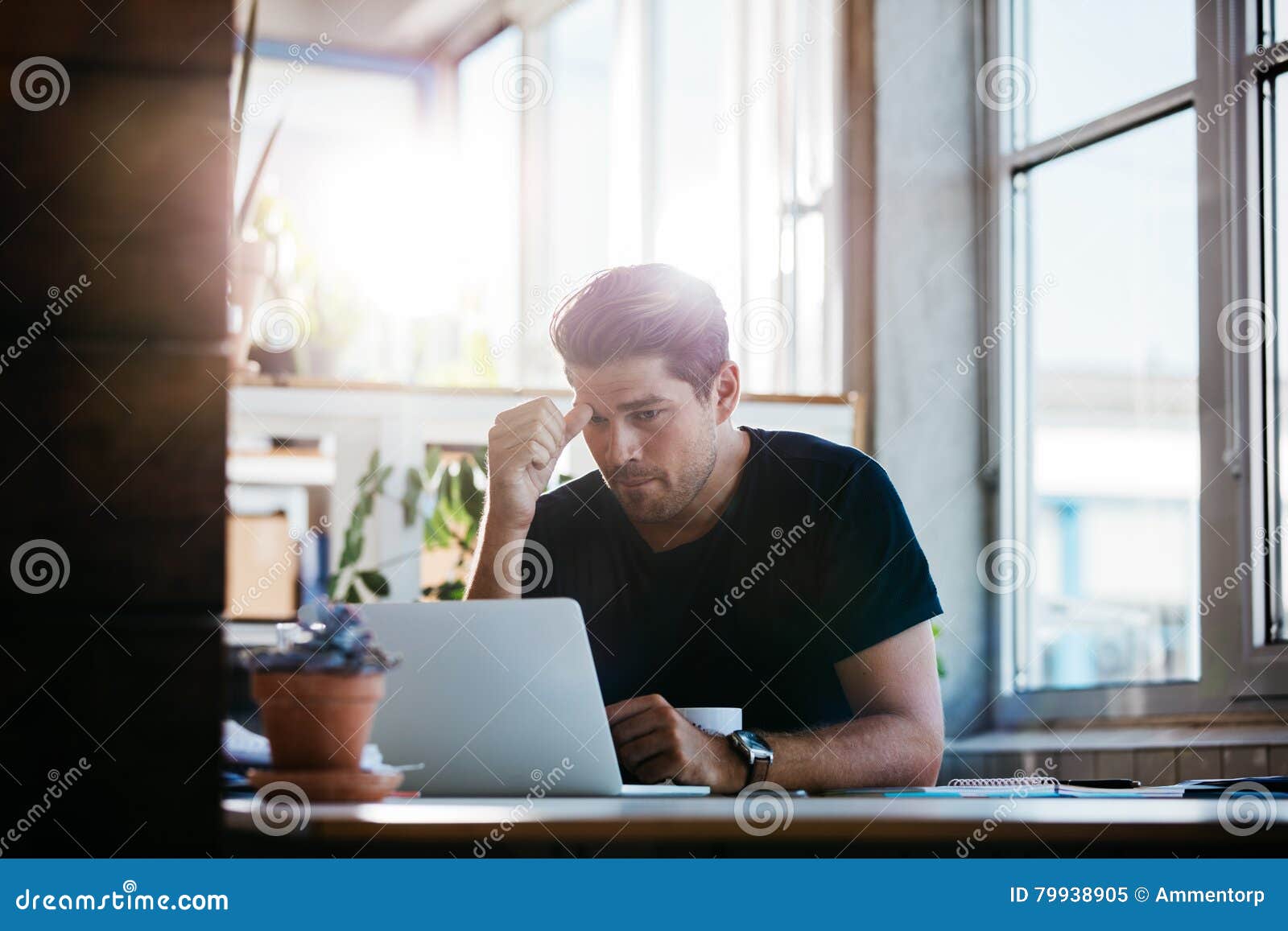 Business Man Thinking about a Problem at His Laptop Stock Image - Image ...