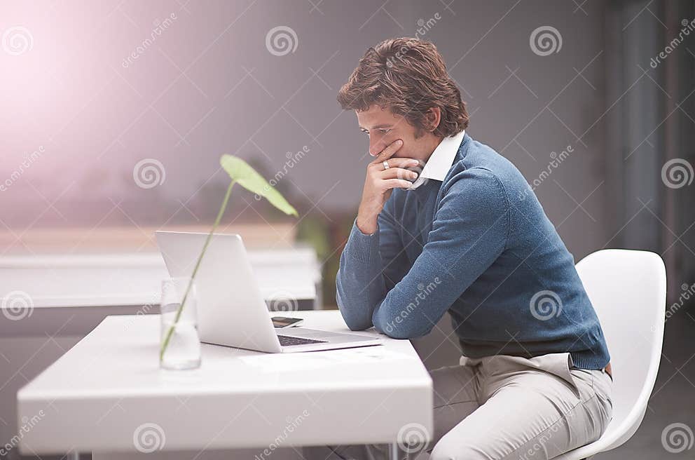 Business Man, Thinking and Stress on Computer for Information ...