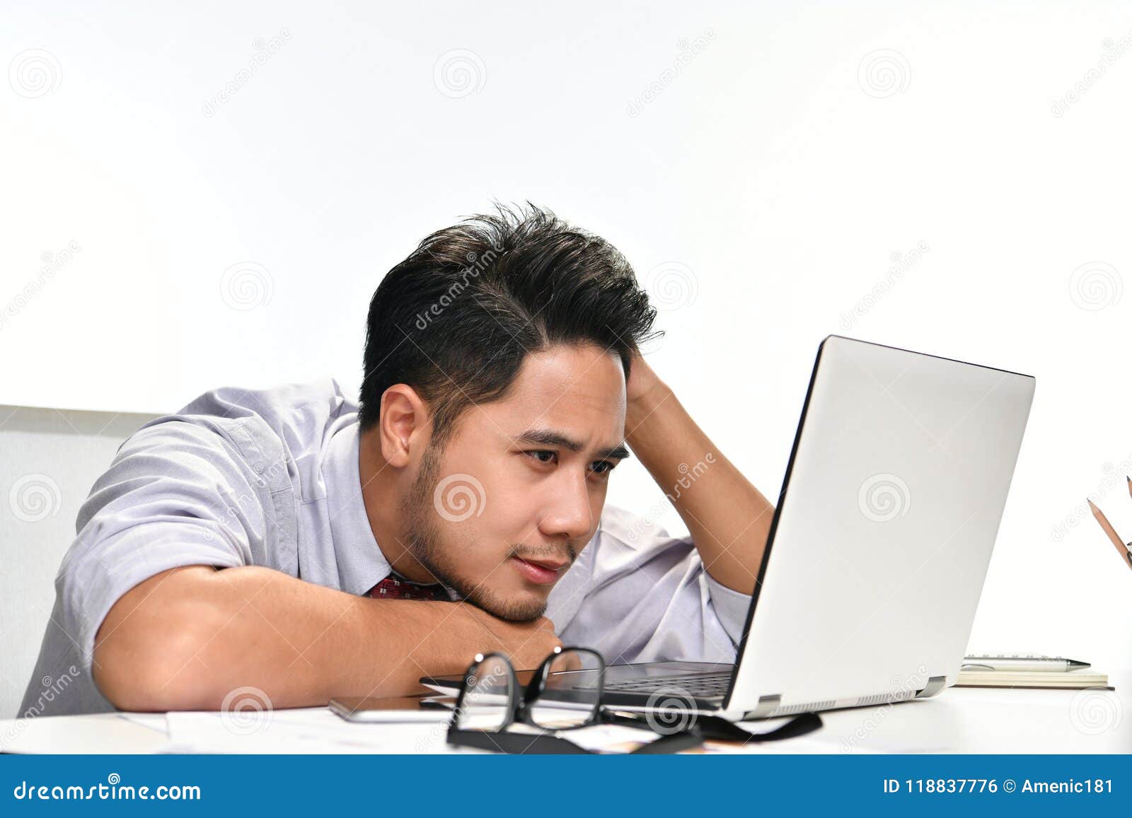 Business Man Thinking while Working with Laptop Computer Stock Photo ...