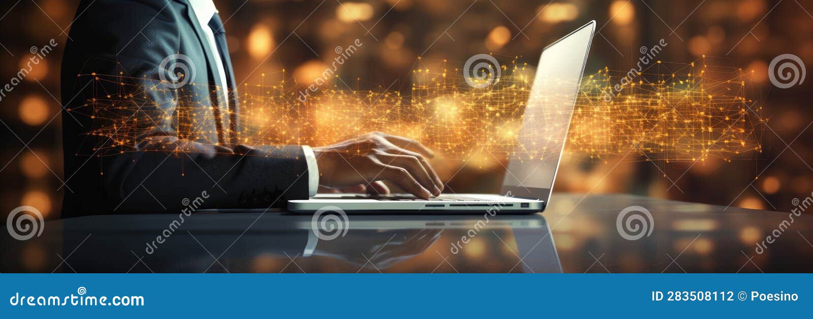 Business Man Typing on Computer. Digital Informations in Third ...