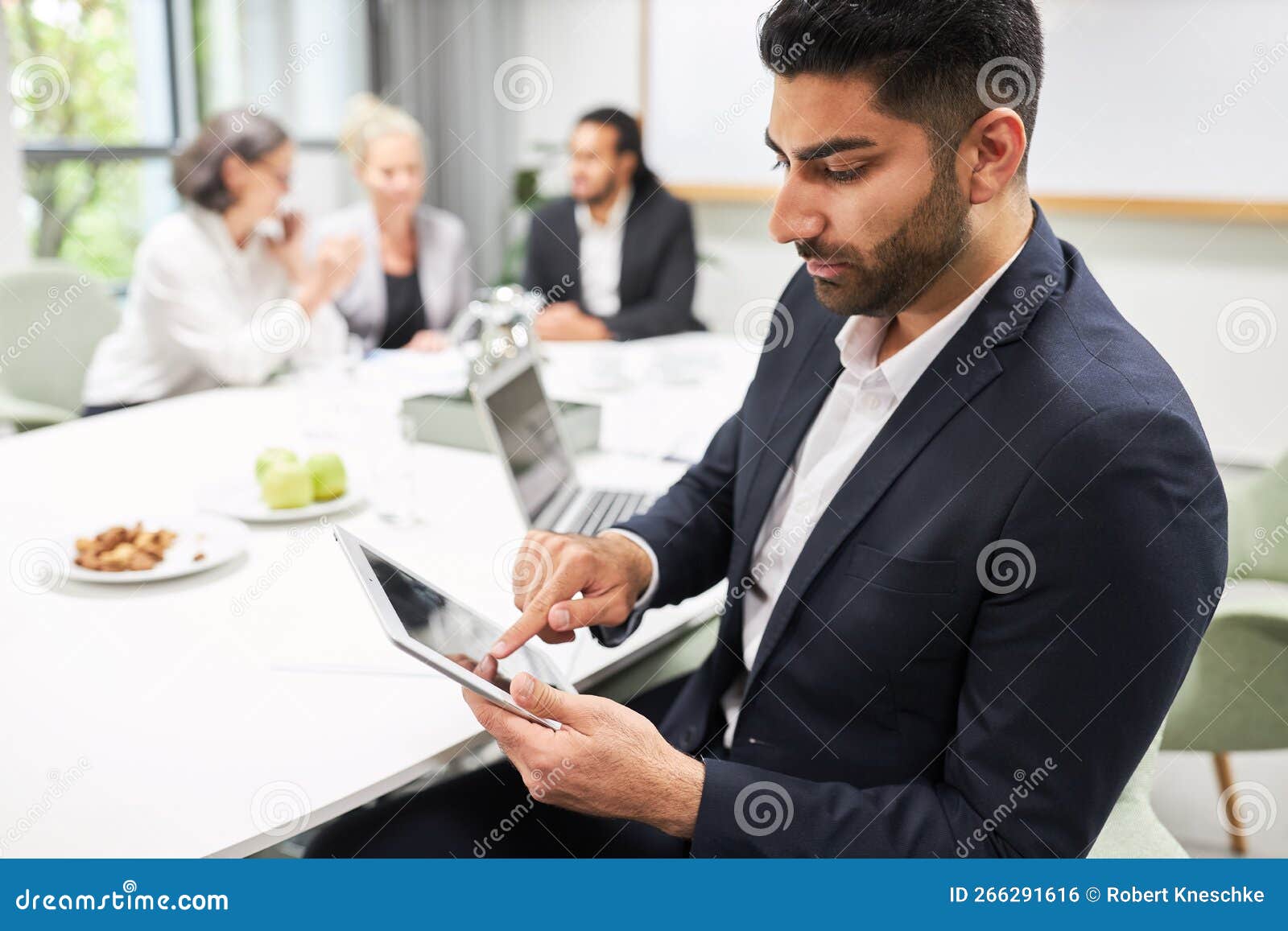 Business Man is Typing on Touchscreen from Tablet Computer Stock Photo ...