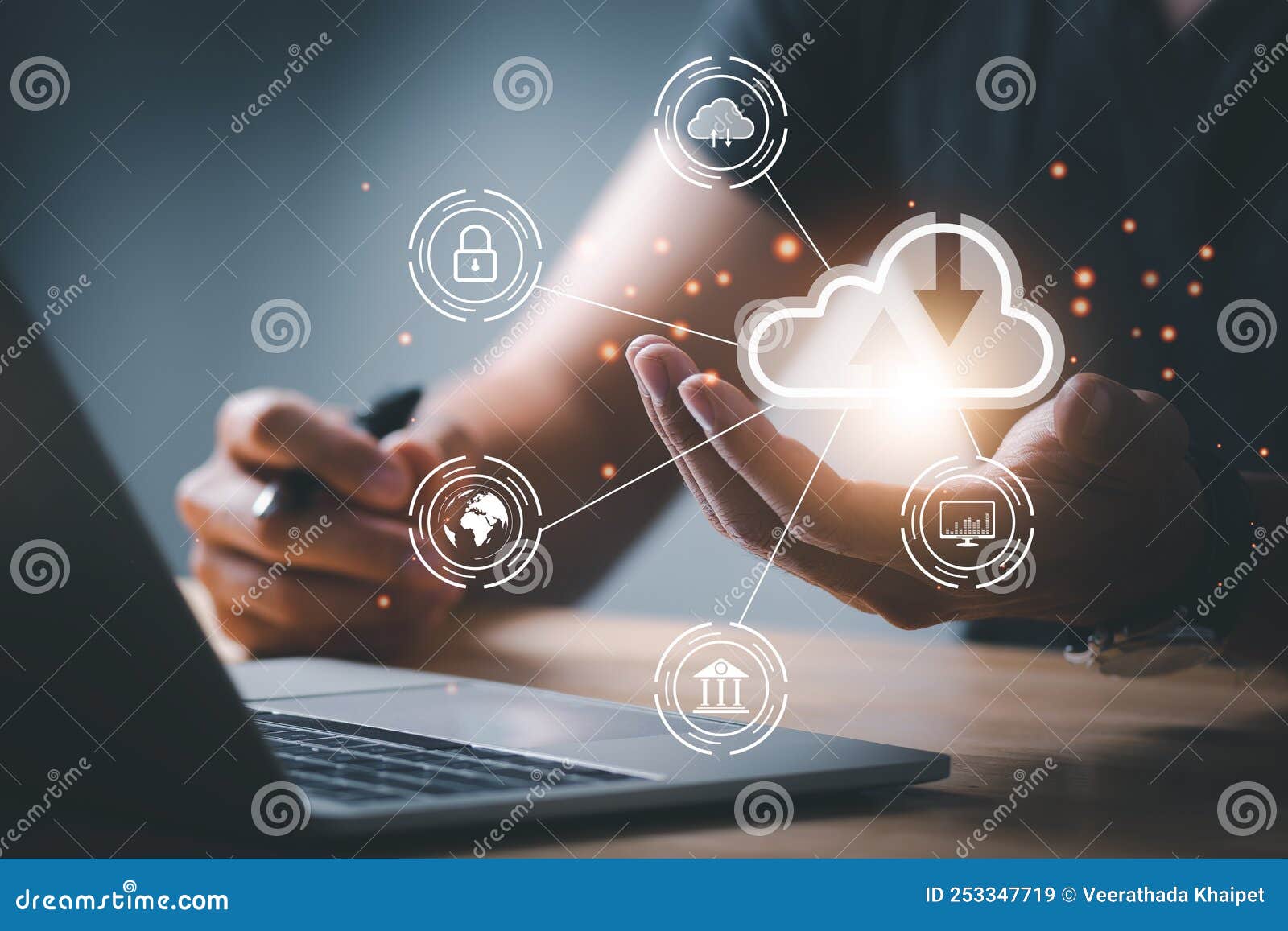 Business Man Use Laptop with Cloud Computing Diagram Show and Pen on ...