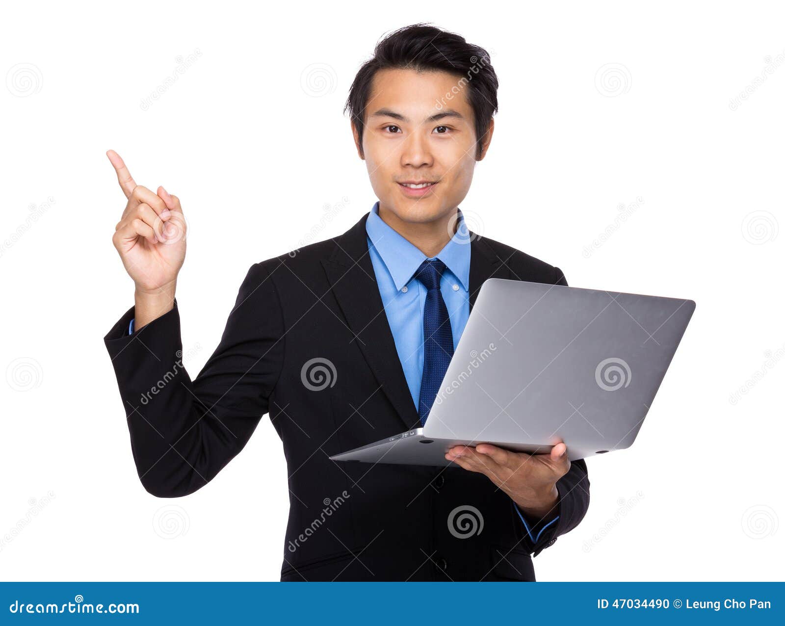 Business Man Use of Notebook and Finger Point Up Stock Photo - Image of ...