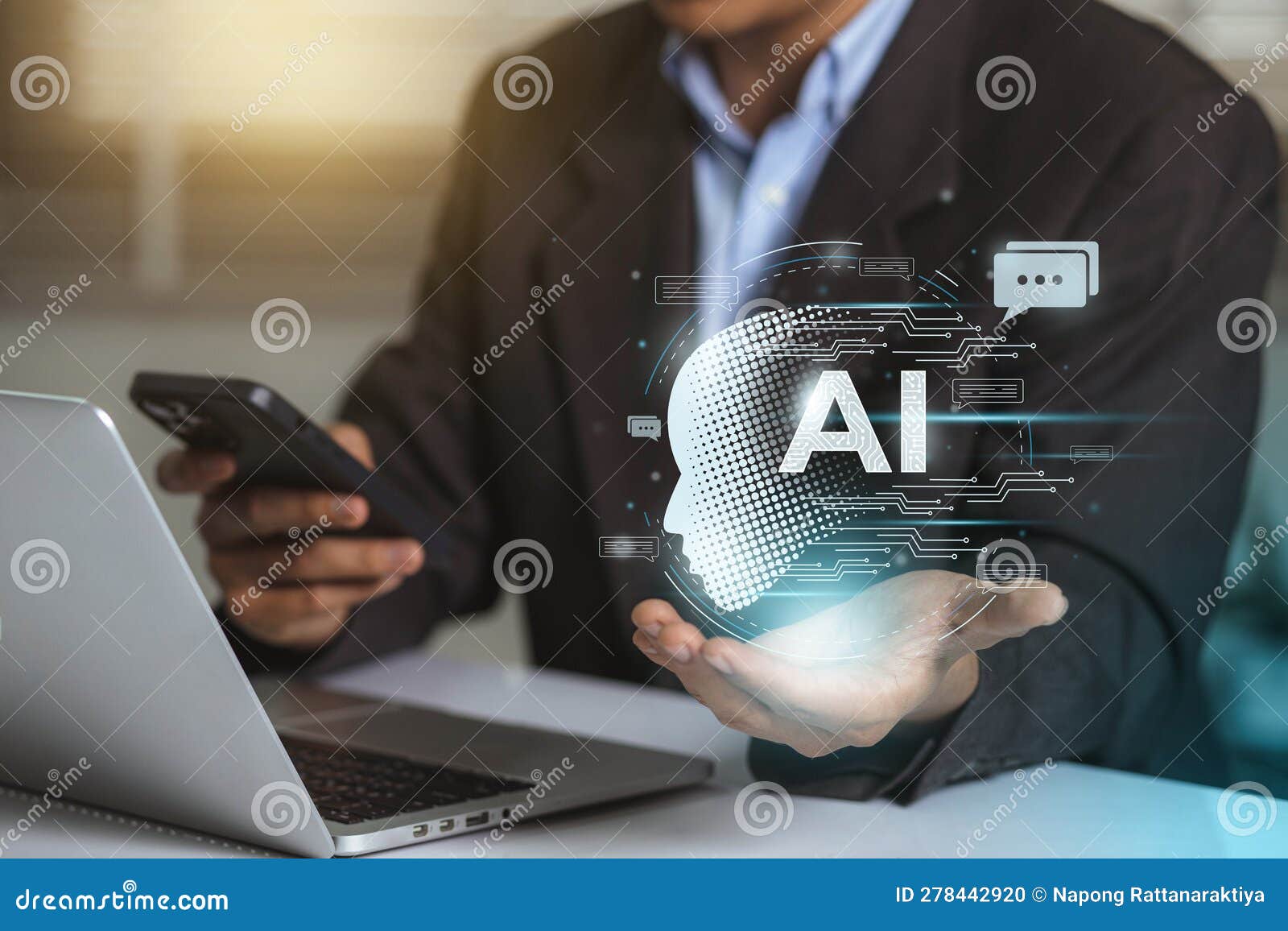 Business Man Using Artificial Intelligence (AI) in the Futuristic ...