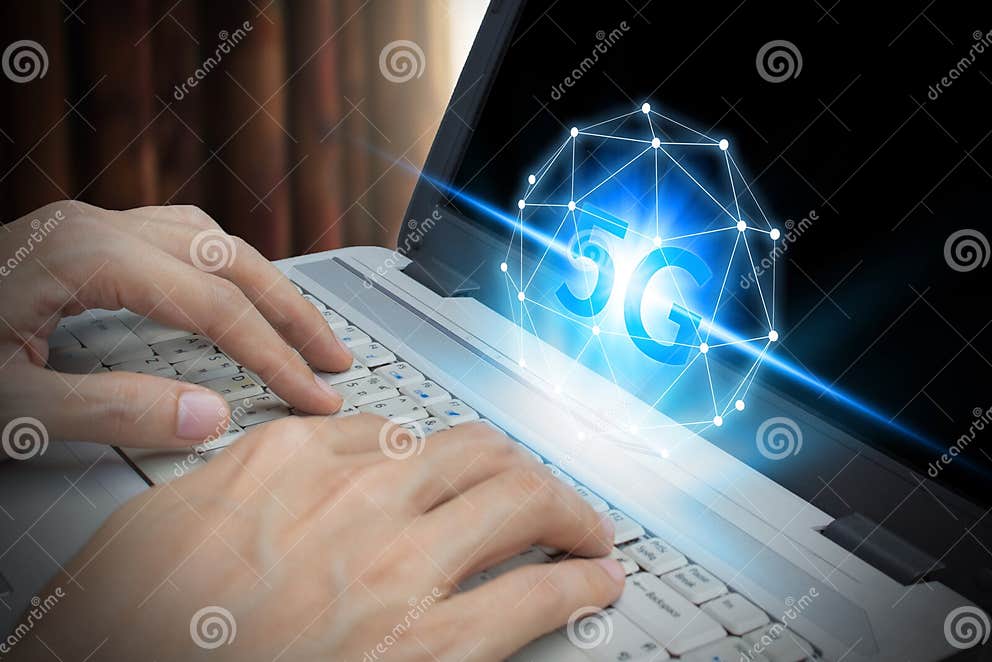 Business Man Using Internet on Laptop and Virtual Screen 5G Network ...