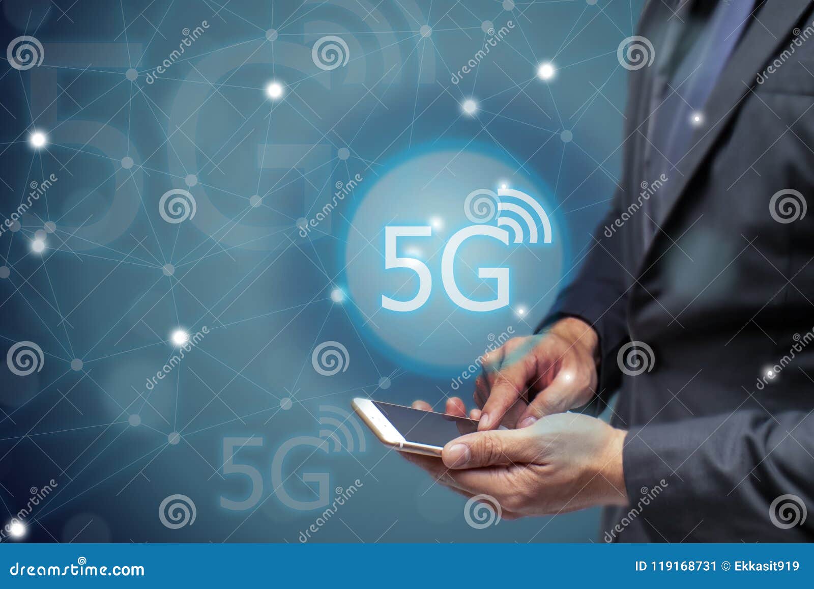 Business Man Using Mobile Phone with 5g Network Wireless Technology To ...