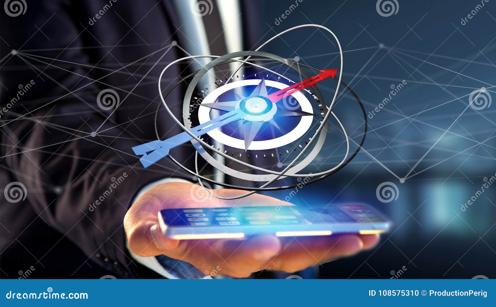Business Man Using a Navigation Compass on a Smartphone - 3d Rendered ...