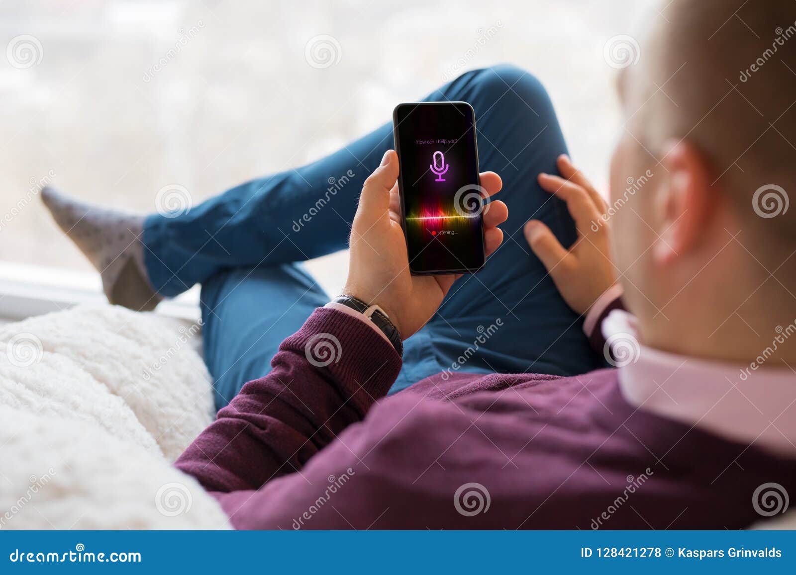 Man Using Virtual Assistant App on Mobile Phone Stock Photo - Image of ...